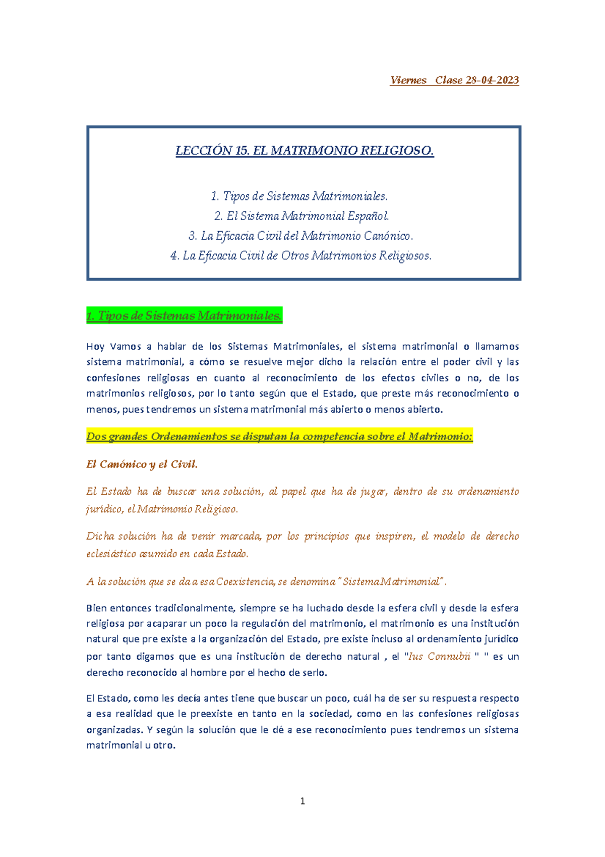 Lección 15. EL Matrimonio Religioso - Viernes Clase 28-04- 1. Tipos de Sistemas Matrimoniales ...
