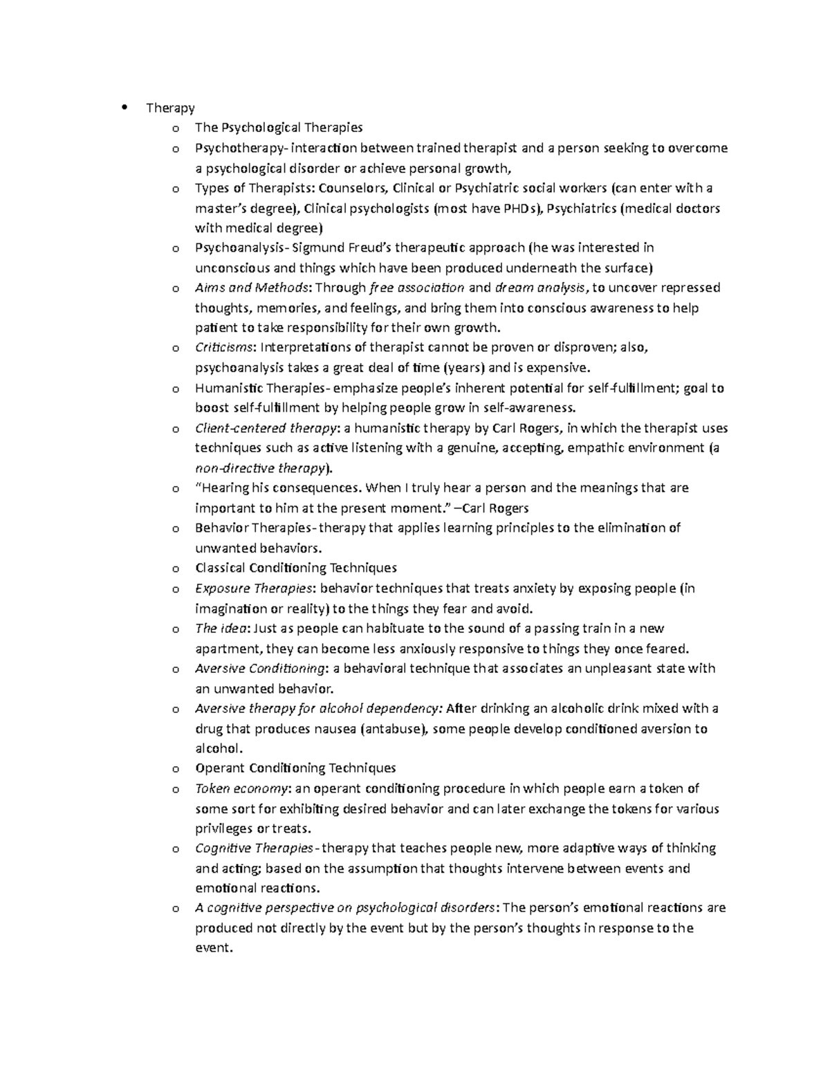 Psych lecture notes chapter 16 - Therapy o The Psychological Therapies ...