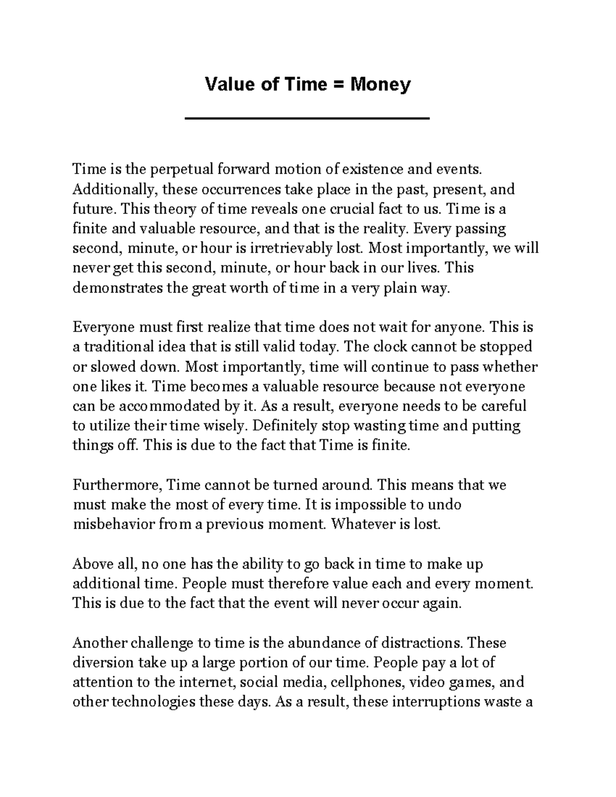 Value of Time = Money - Value of Time = Money ...