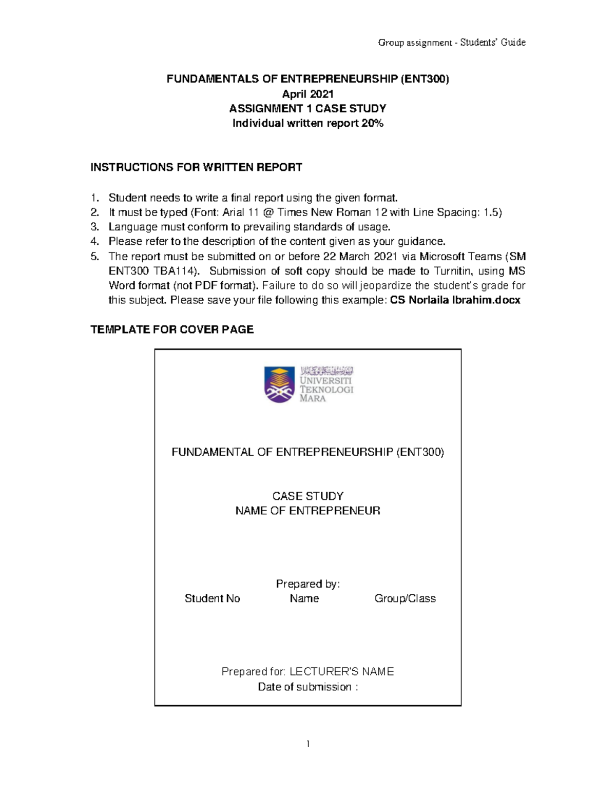 ENT300 Assignment 1 Guidelines 2021 - Group assignment - Students ...