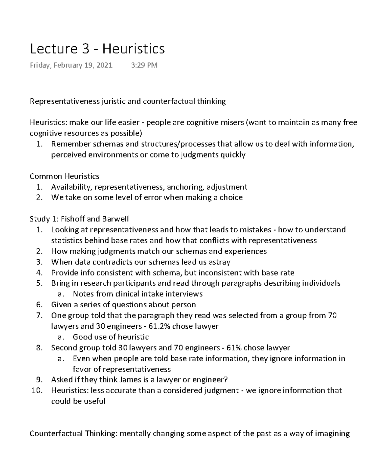 Lecture 3 - Heuristics - Representativeness juristic and counterfactual ...