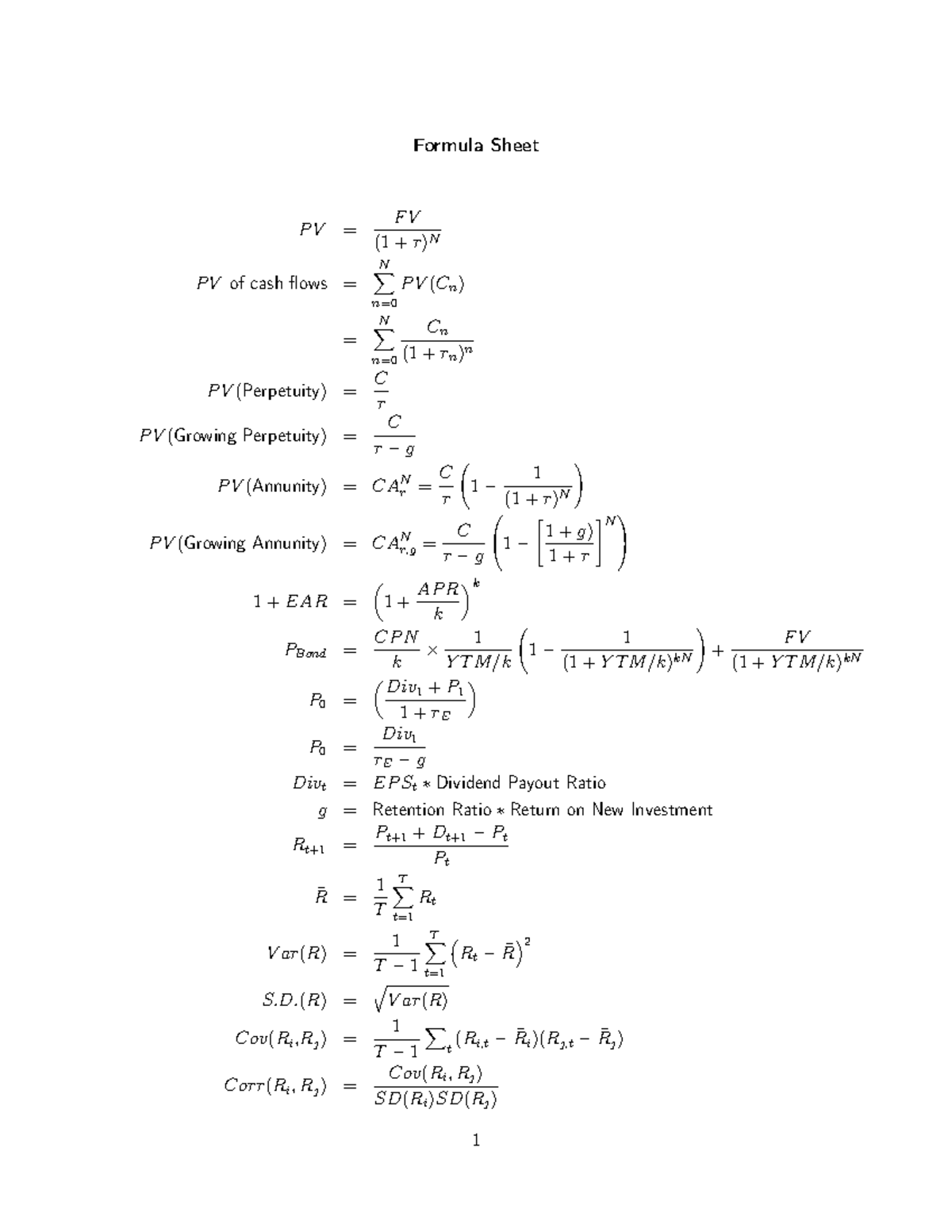Formula Sheet - (R) q V ar(R) 1 X i )(Rj,t R ) Cov(Ri ,Rj ) (Ri,t R T t ...