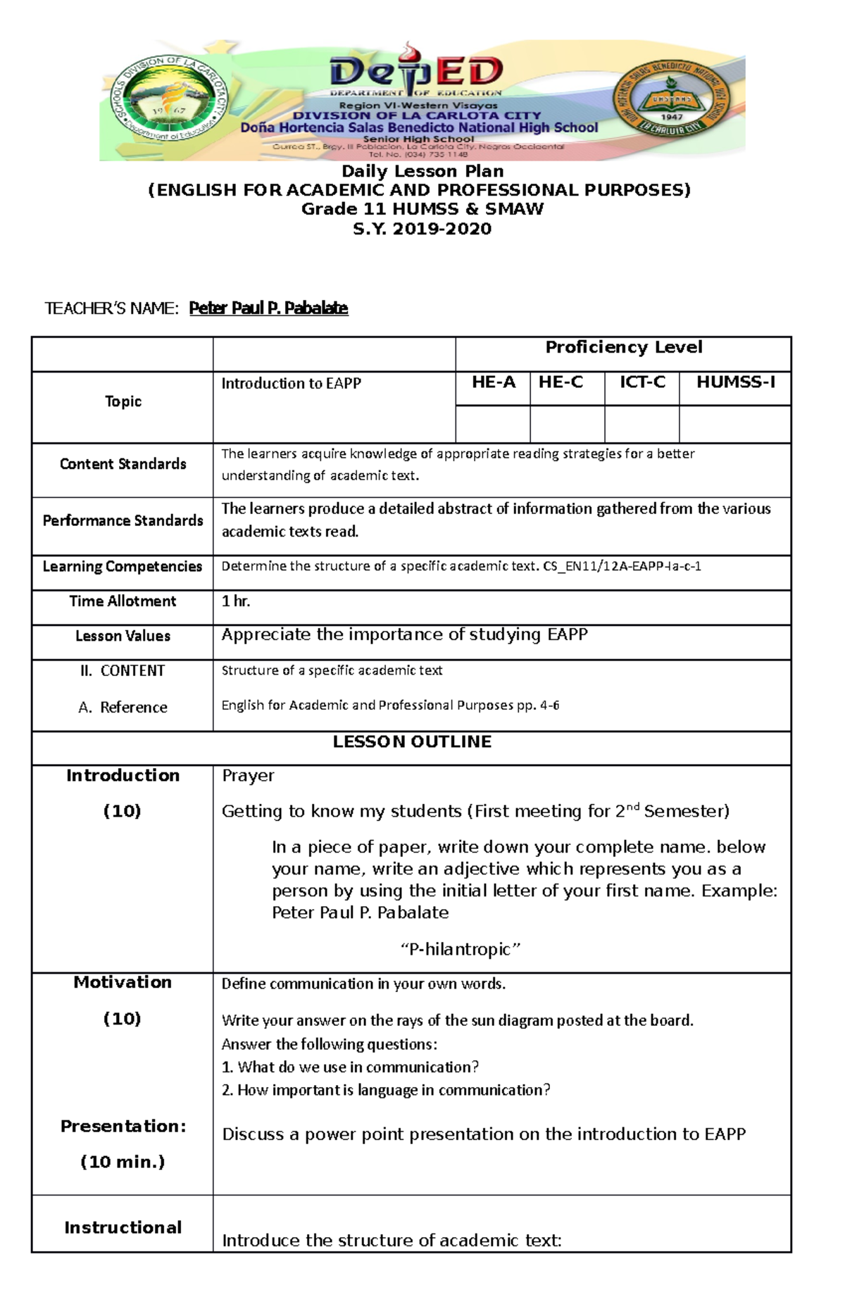 CS EN1112A-EAPP-Ia-c-1 - Daily Lesson Plan (ENGLISH FOR ACADEMIC AND ...
