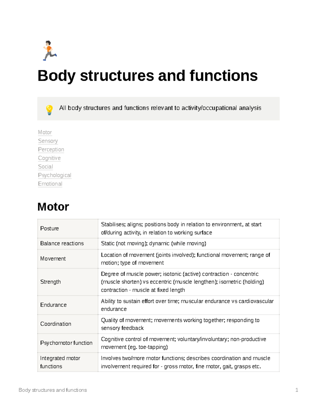 Body structures and functions - toe-tapping) Integrated motor functions ...