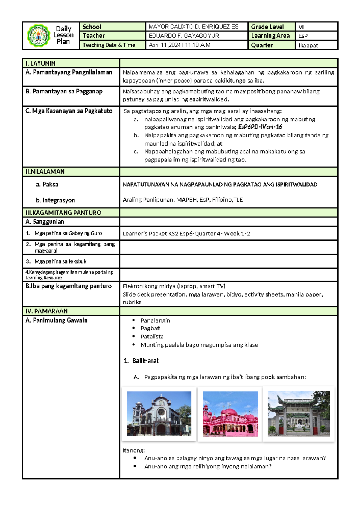 COT3-Es P6-Q3 - sample IDEA based lesson plan in Edukasyon sa ...