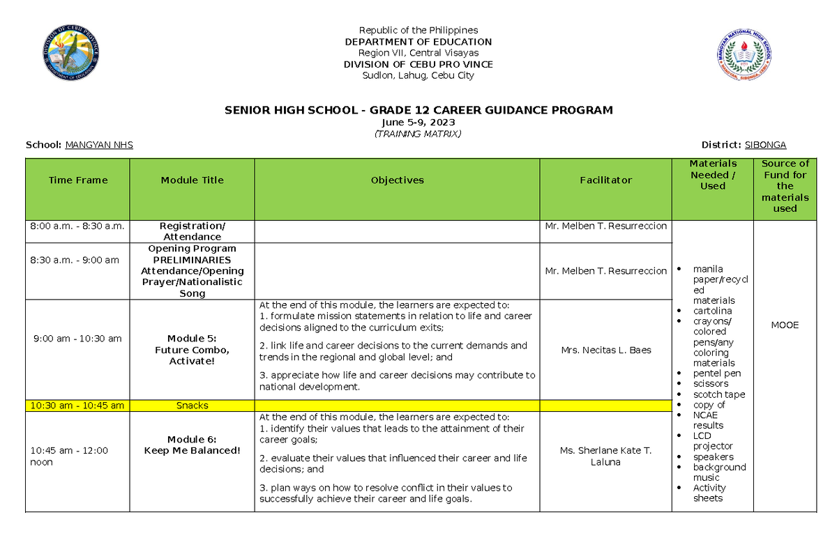 Career Guidance Training Matrix 2nd sem - Republic of the Philippines ...