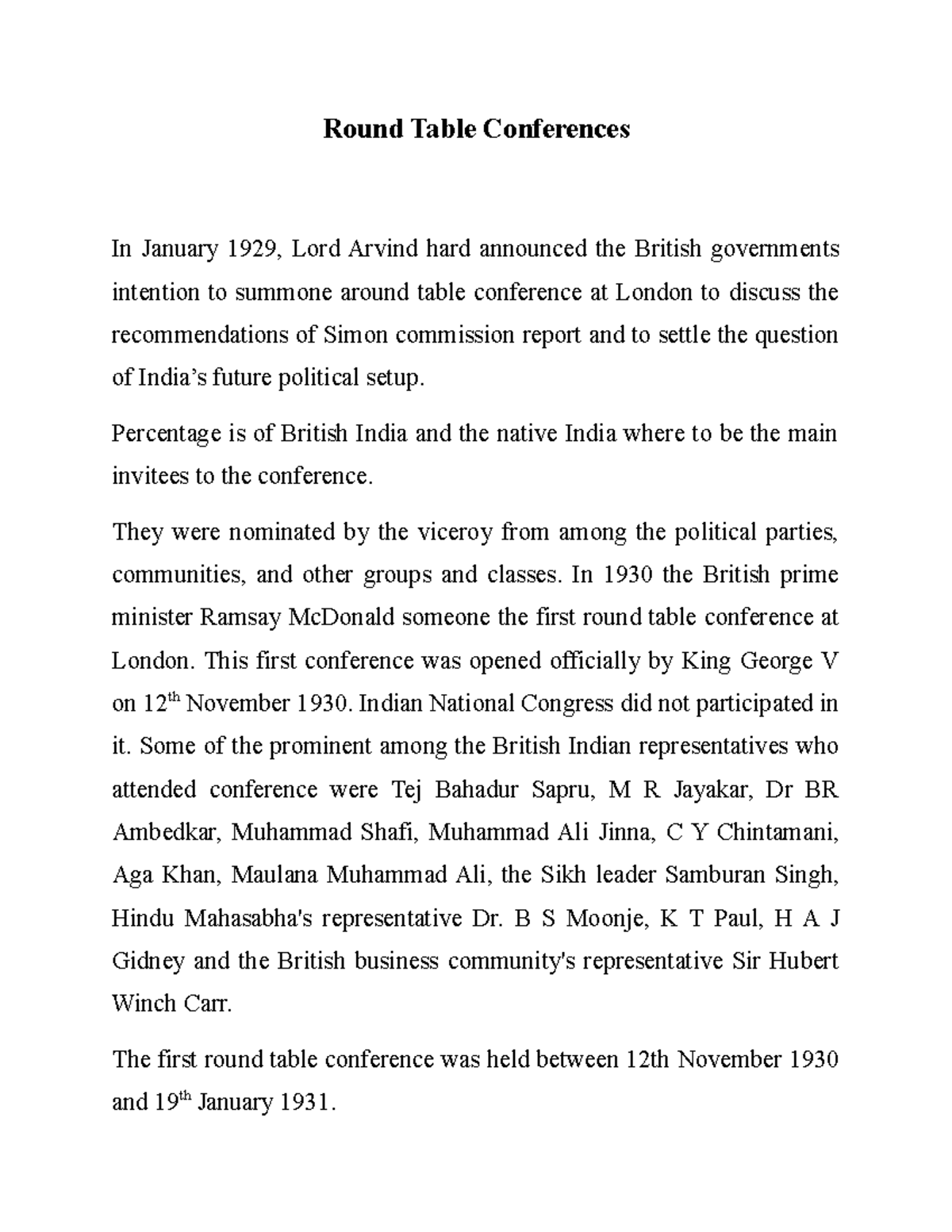 Round Table Conferences - Approaches To History - MG University - Studocu