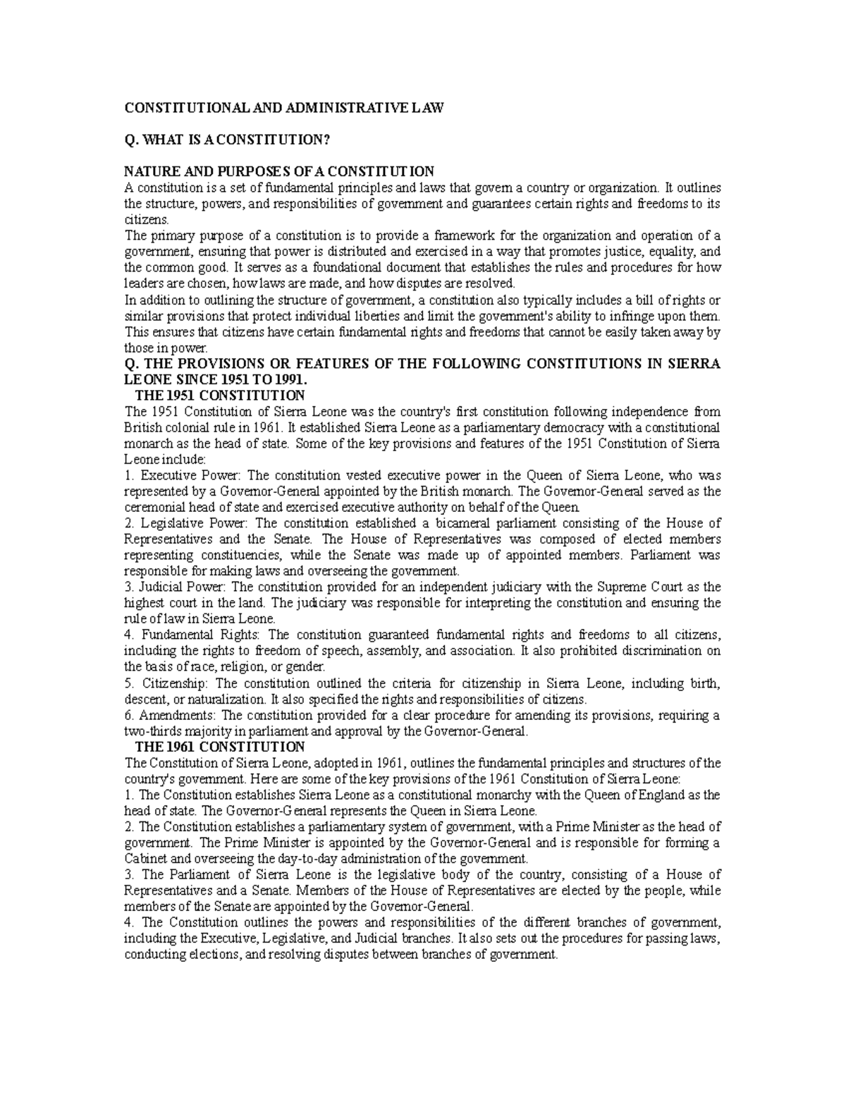 Final Constitutional Exa - CONSTITUTIONAL AND ADMINISTRATIVE LAW Q. WHAT IS A CONSTITUTION ...