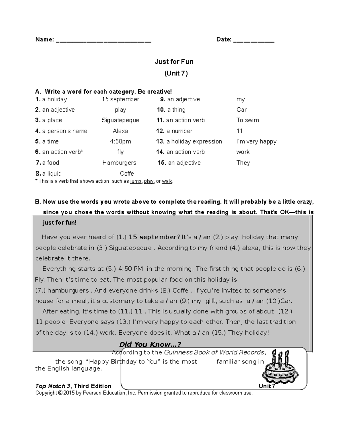 UNIT 07 Just for Fun 1gramar - Name: ____________________________ Just ...