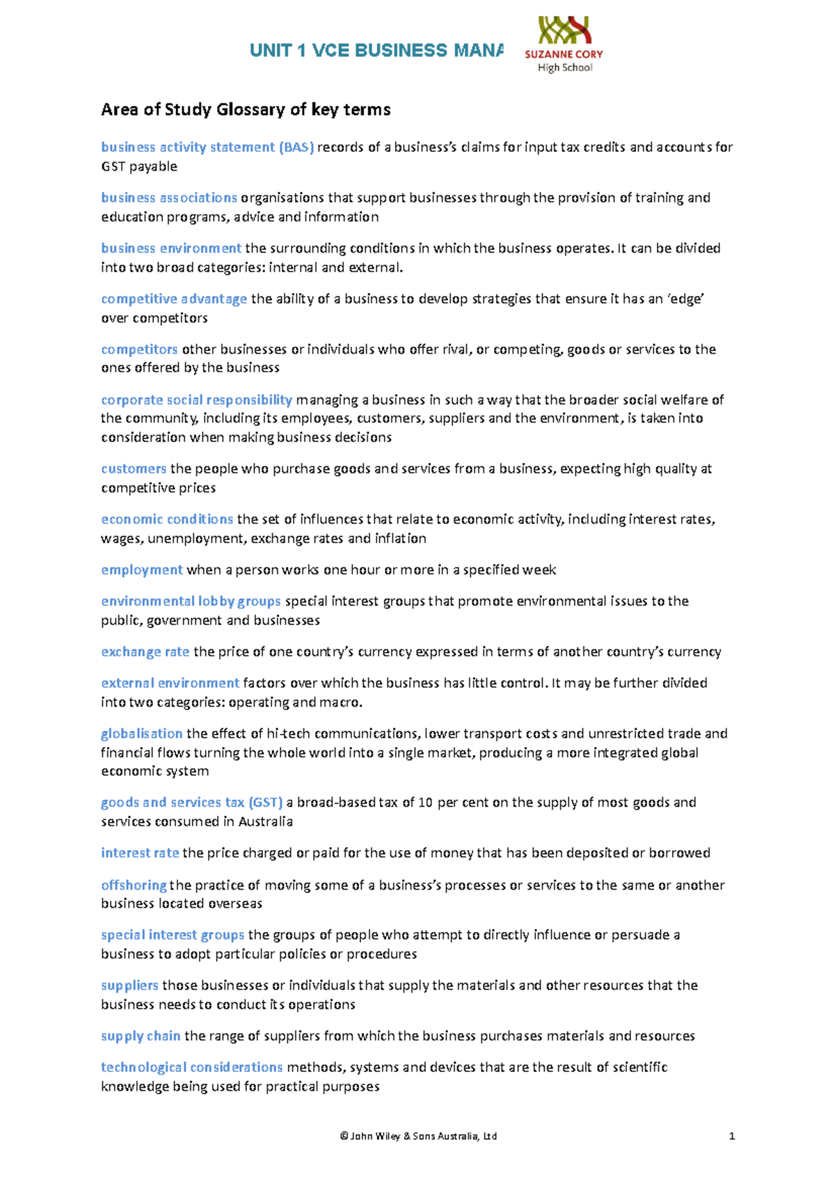 Chapter 3 Glossary - sssss - UNIT 1 VCE BUSINESS MANAGEMENT Area of ...