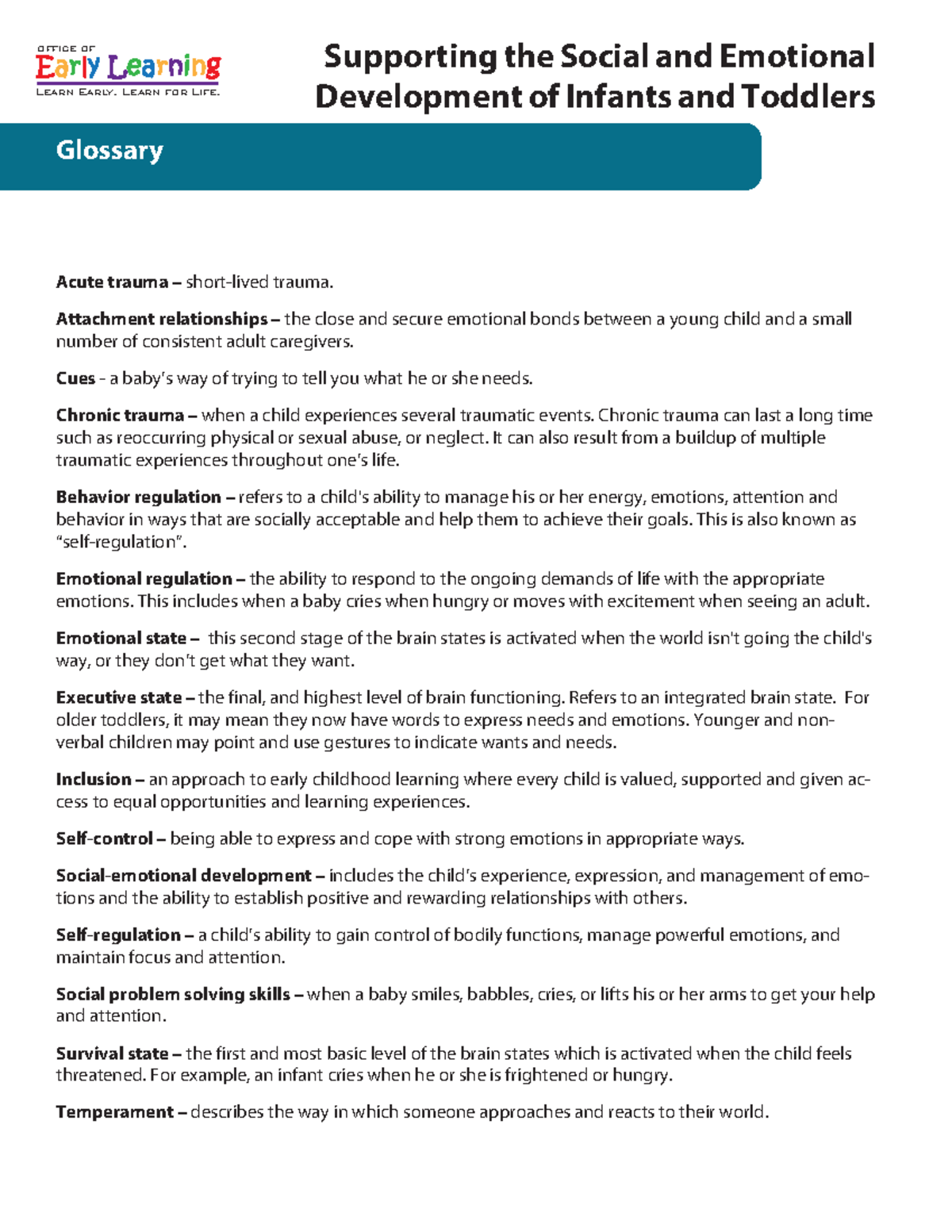 Infants and Toddlers Glossary - office of Learn Early. Learn for Life ...