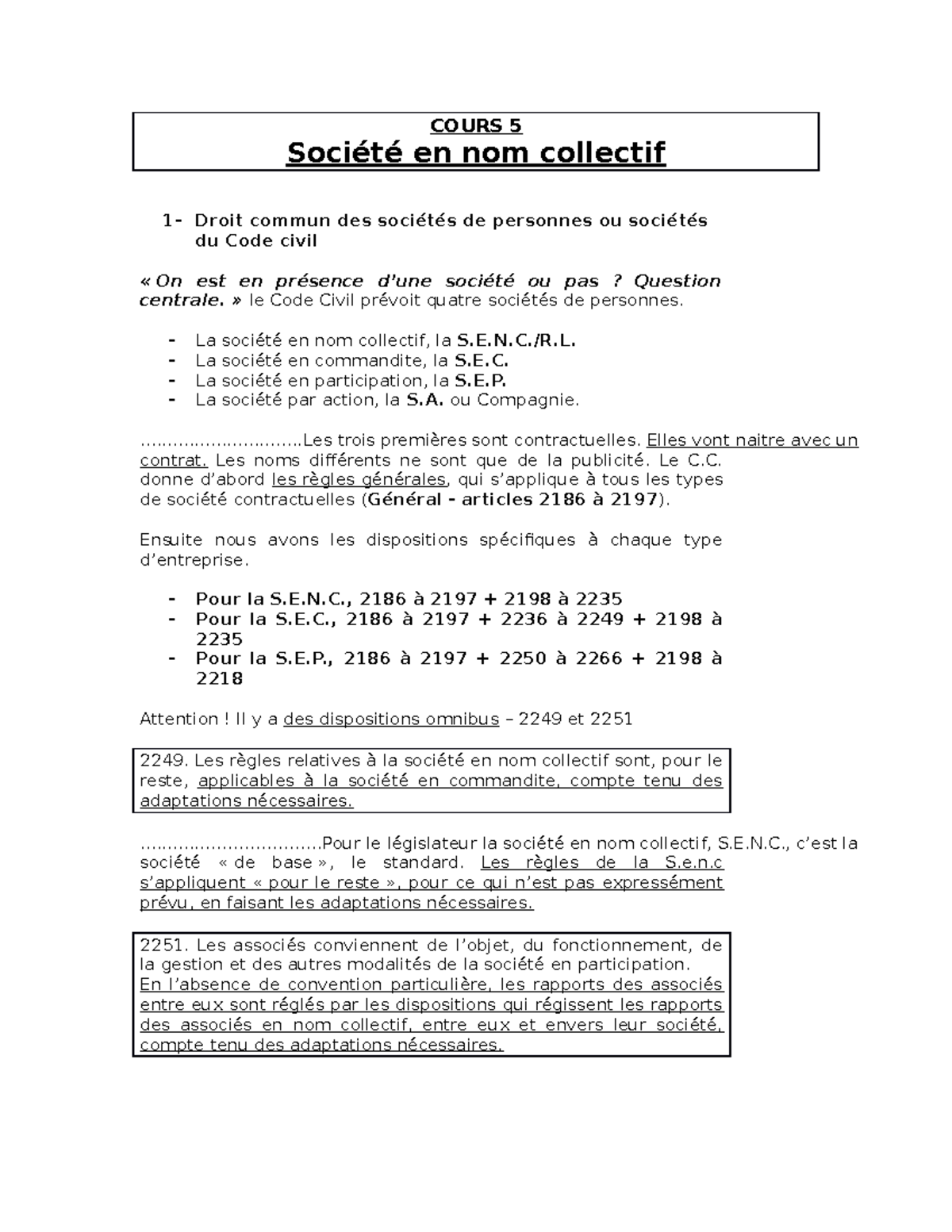 Drt 113 - Cours 5 - Société en nom collectif - COURS 5 Société en nom ...