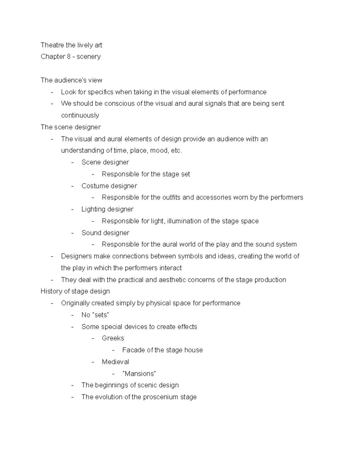 Chapter 8 Notes - Theatre the lively art Chapter 8 - scenery The ...