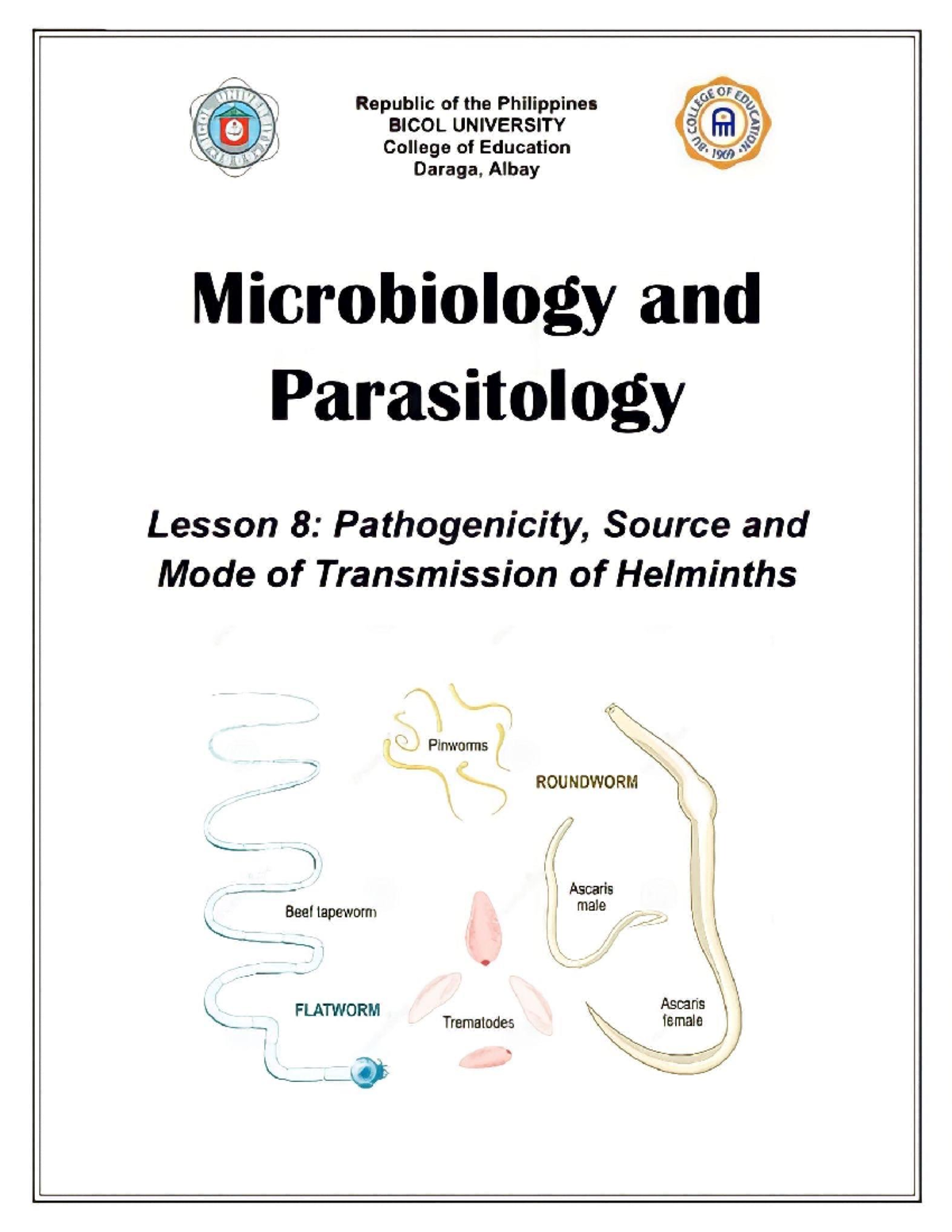 Module-Helminths - None - Lesson 8: PATHOGENICITY, SOURCE AND MODE OF ...