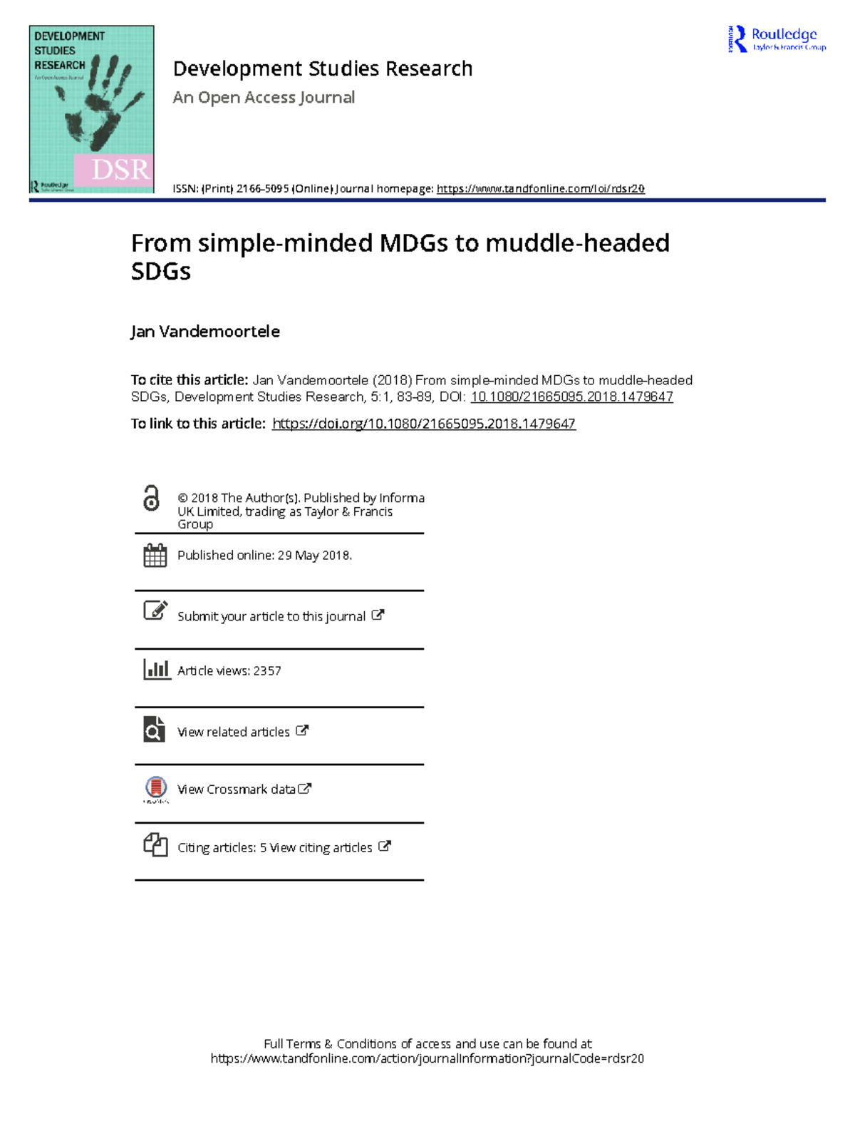 Vandemoortele 2018 From simple minded MDGs to muddle headed SDGs - Full ...