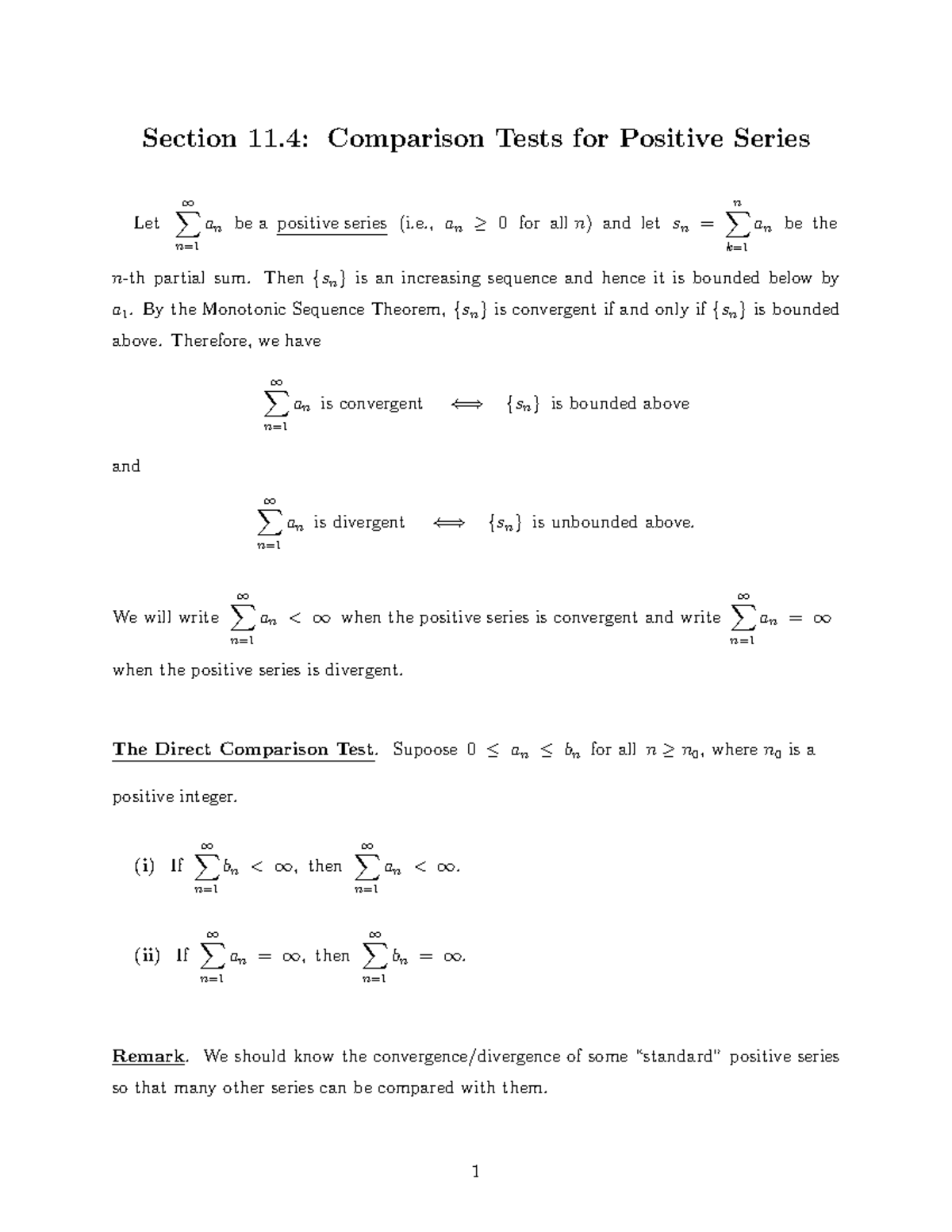 1730-Sec11 - NOTES - Section 11: Comparison Tests for Positive Series ...