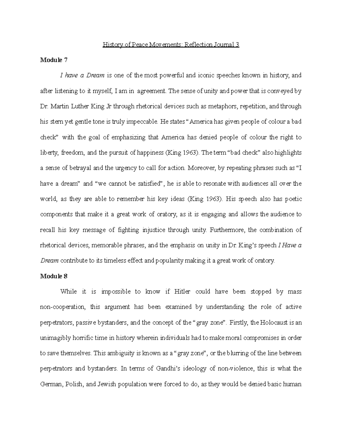 History of Peace Movements Reflection Journal 3 - The sense of unity ...