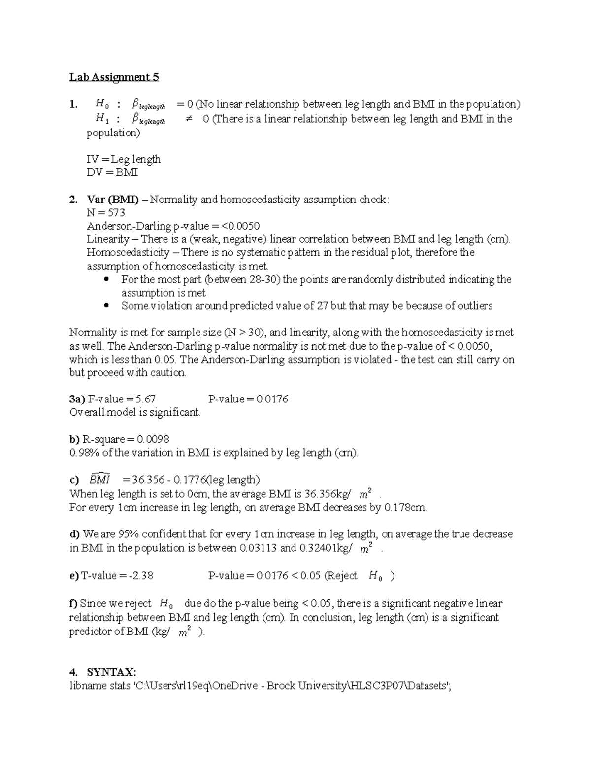 Lab Assignment 5 - HLSC 3P07 - Brocku - Studocu