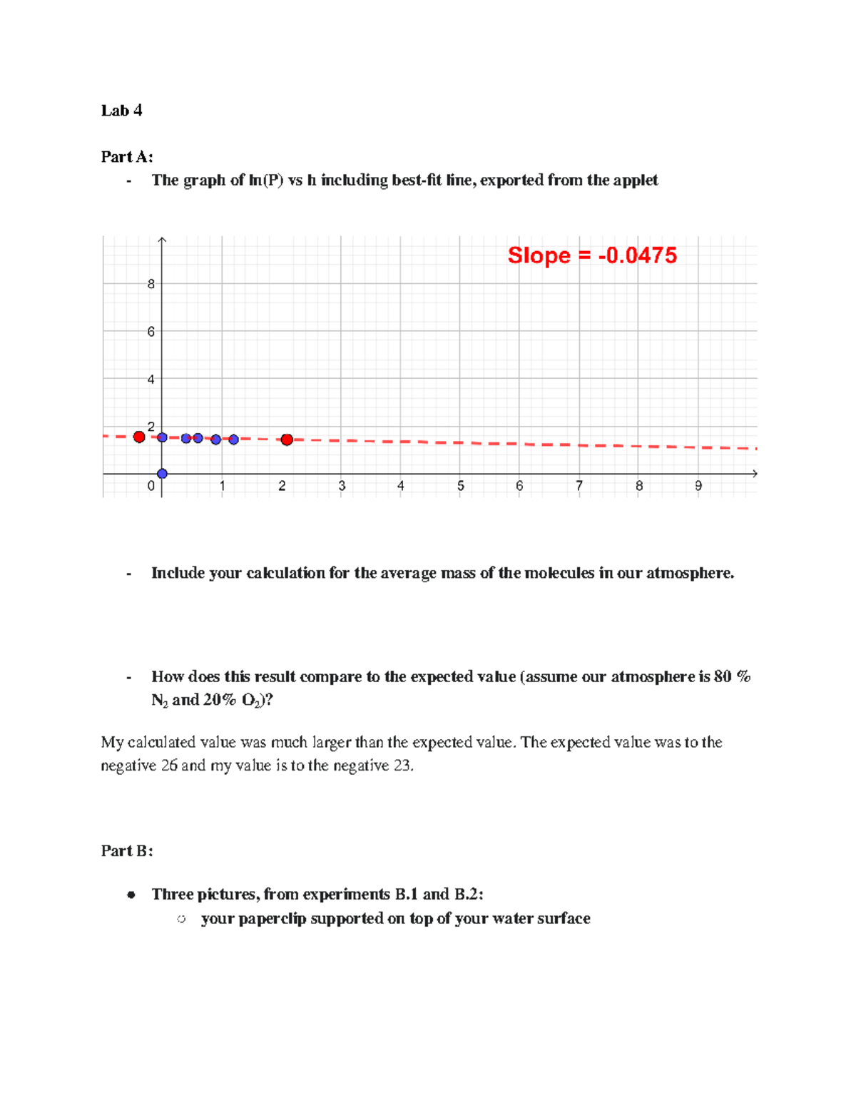 Lab 4 - lab 4 partial solution - Lab 4 Part A: - The graph of ln(P) vs h including best-fit line ...