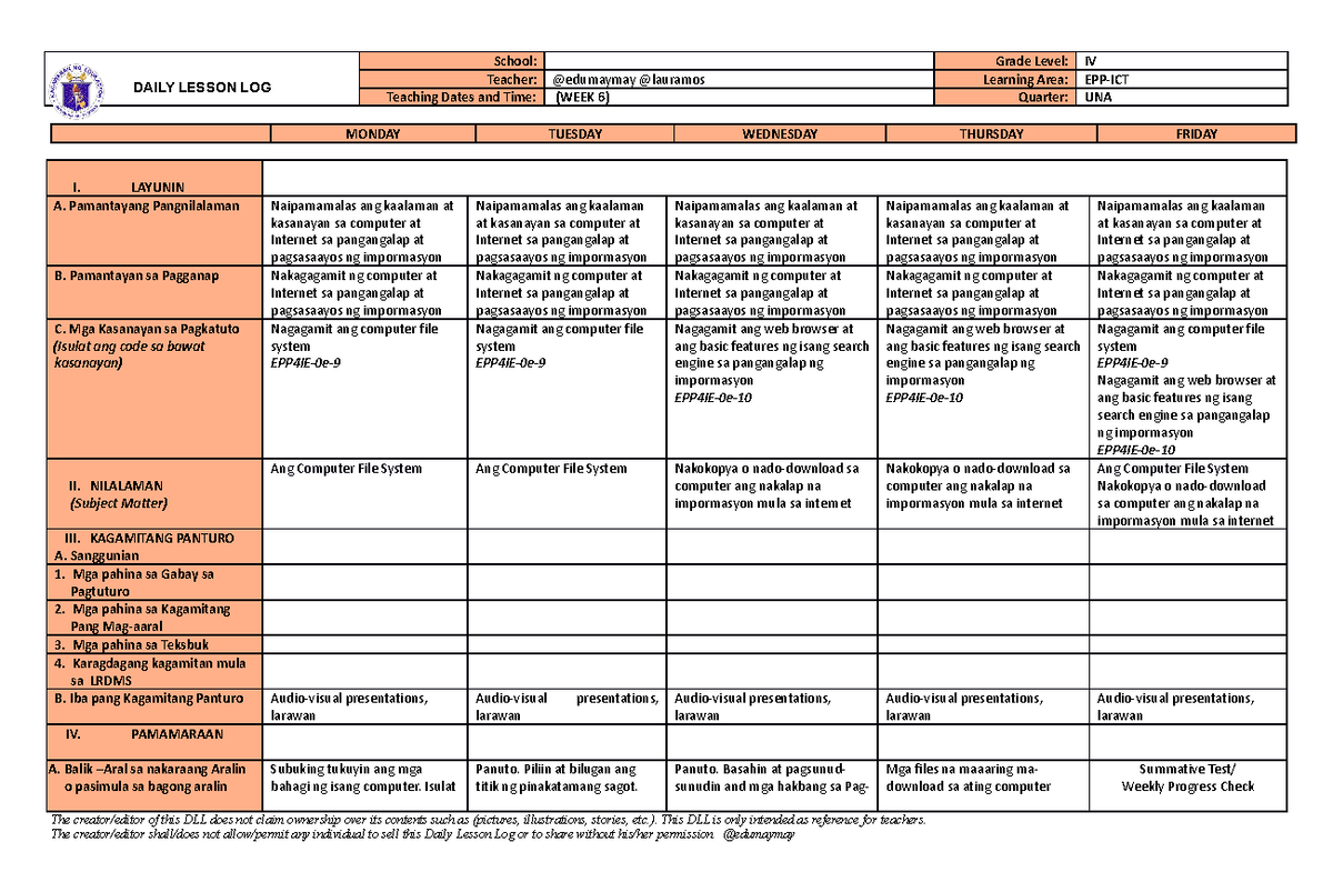 DLL EPP4 ICT W6 newedumaymay - DAILY LESSON LOG School: Grade Level: IV ...