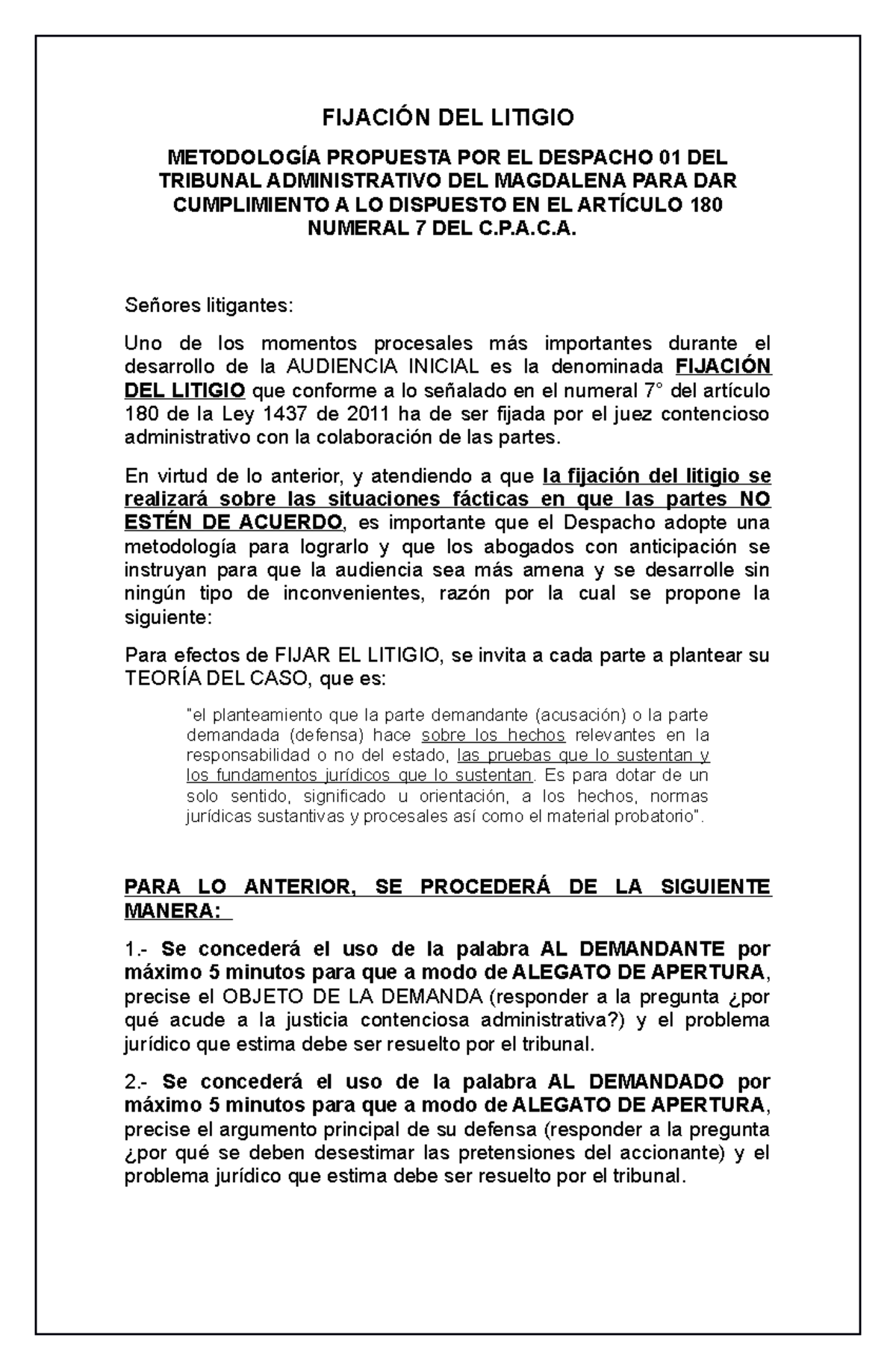 Fijación DEL Litigio - FIJACIÓN DEL LITIGIO METODOLOGÍA PROPUESTA POR ...