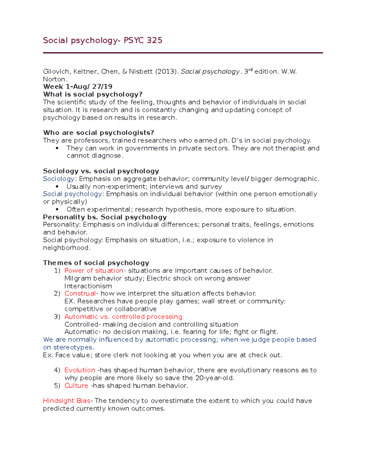 Social psychology Notes - Social psychology- PSYC 325 Gilovich, Keltner ...