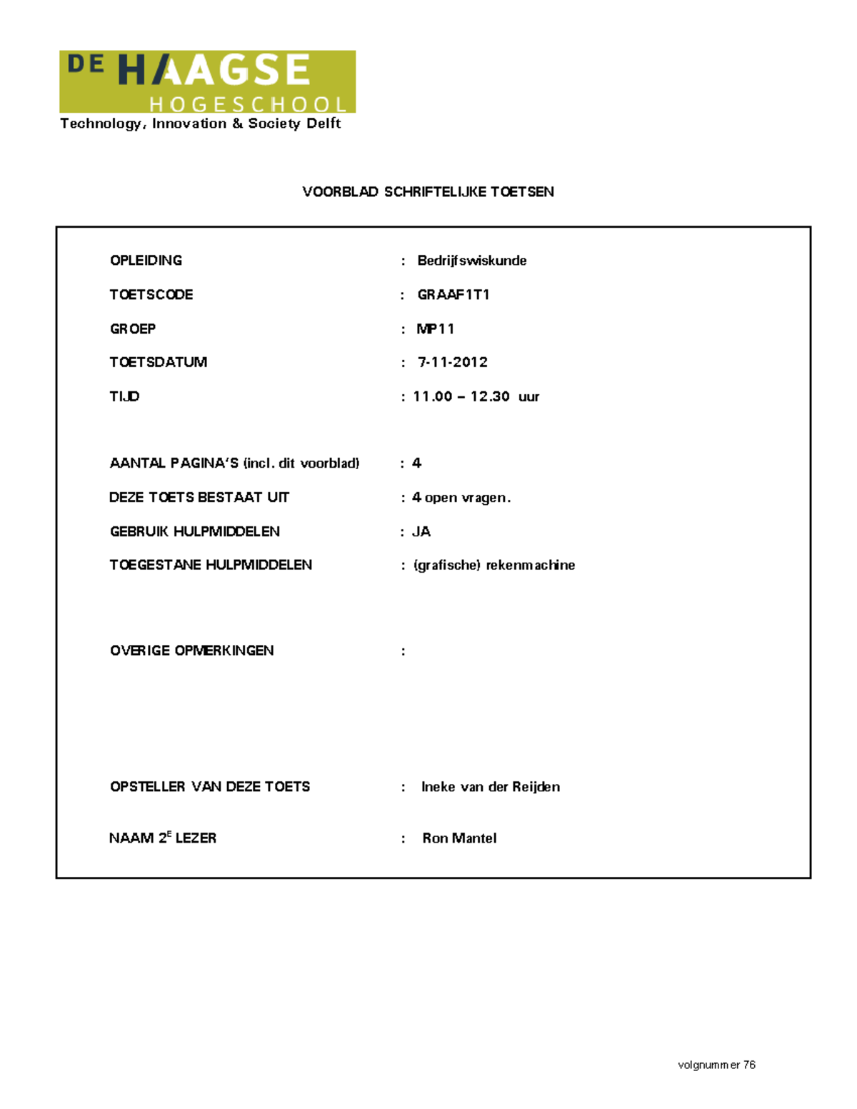 Tentamen 7 november 2012 - VOORBLAD SCHRIFTELIJKE TOETSEN OPLEIDING ...