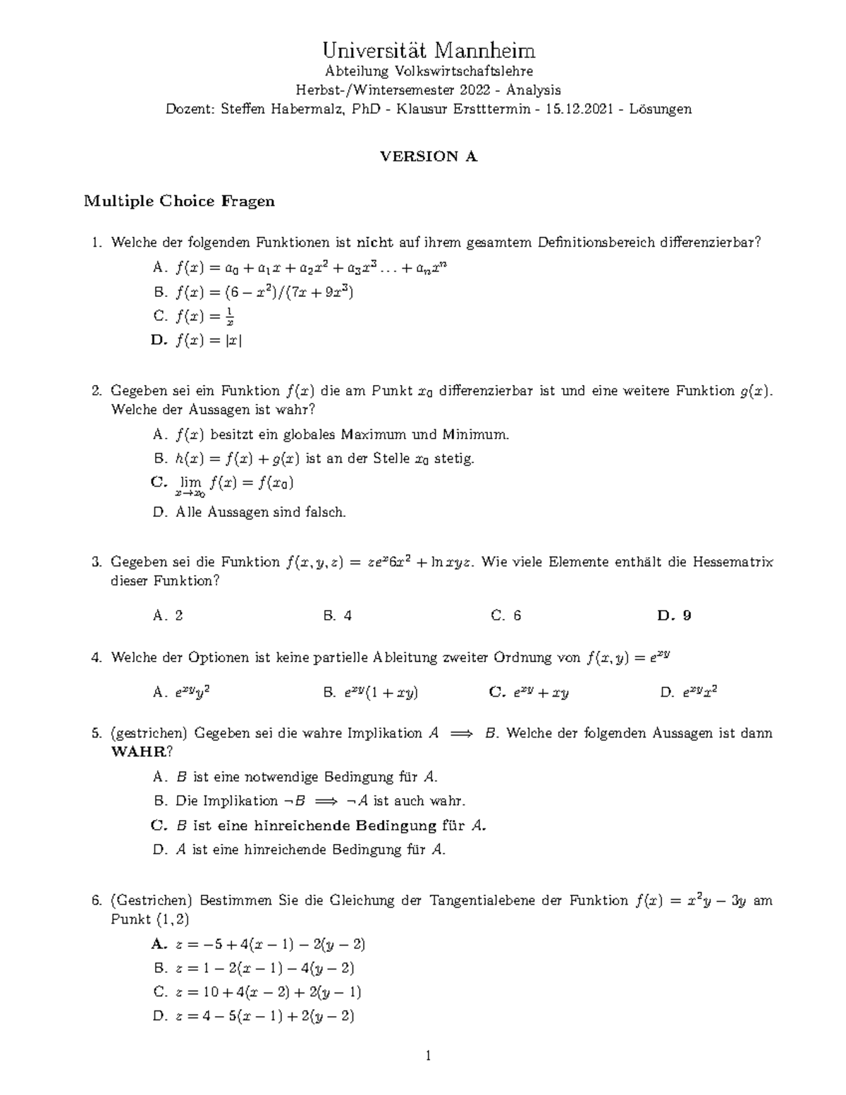 Klausur ANA 2022T1ALoesungen - Universit ̈at Mannheim Abteilung Volkswirtschaftslehre - Studocu