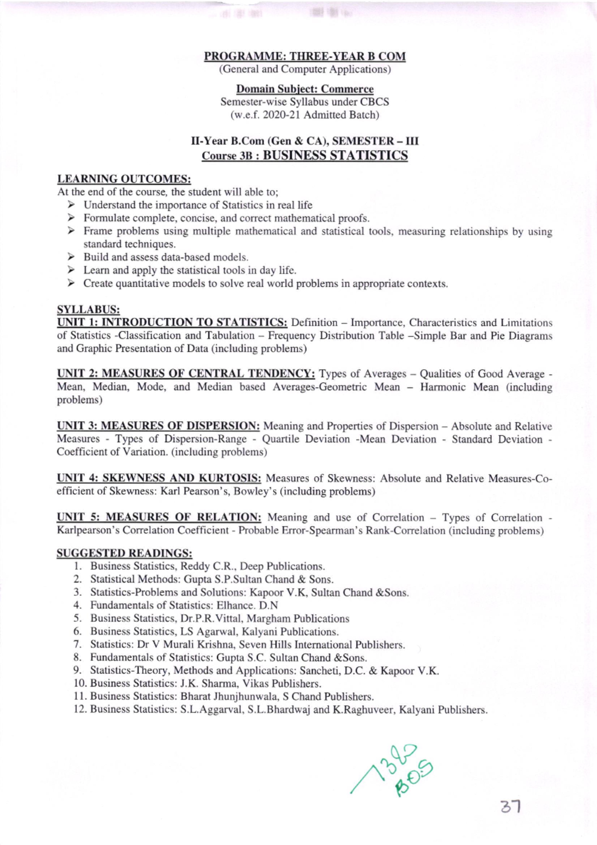 Business statistics - PRO(;R{MME: THREE-YEAR B COM (General and ...