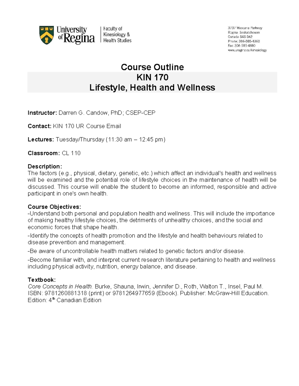 KIN 170 2023 FALL Inperson Course Outline - Course Outline KIN 170 ...