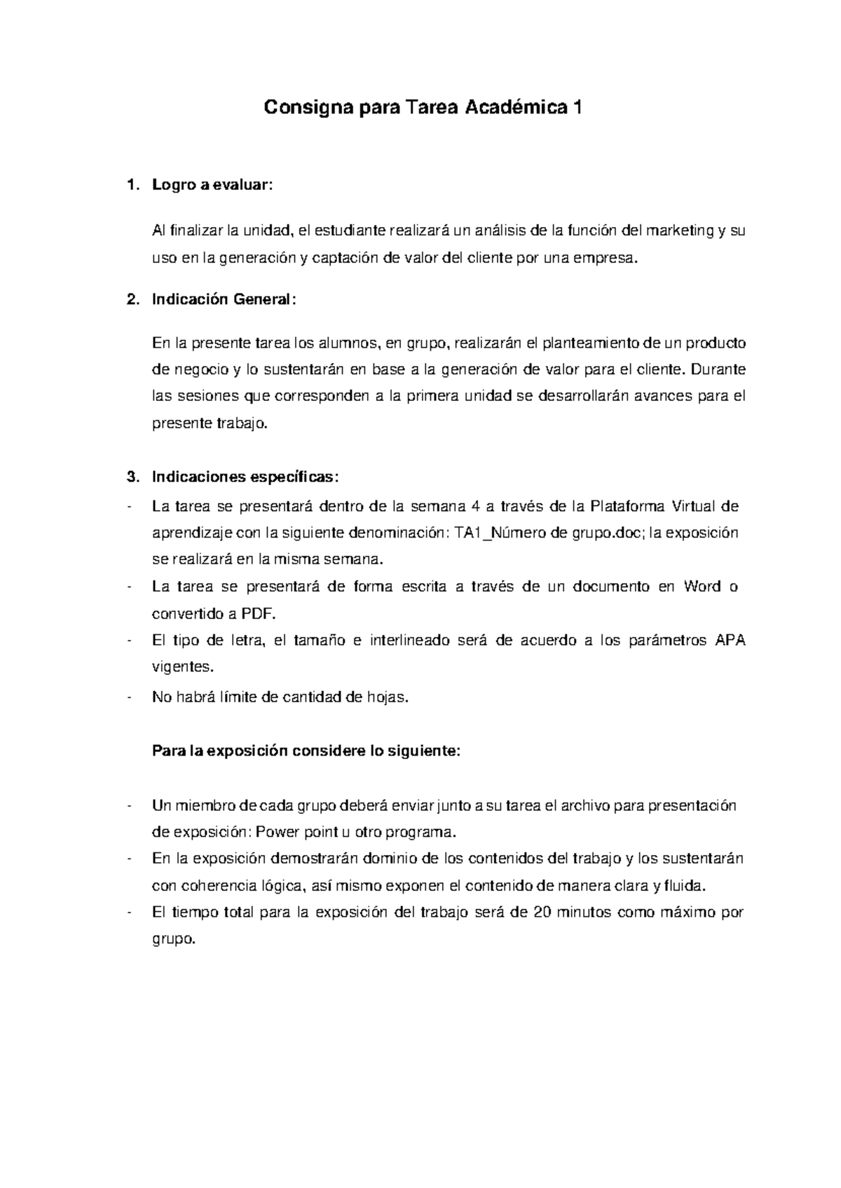 Consigna TA1 Fundamentos de Marketing- Virtual - Consigna para Tarea Académica 1 Logro a evaluar ...