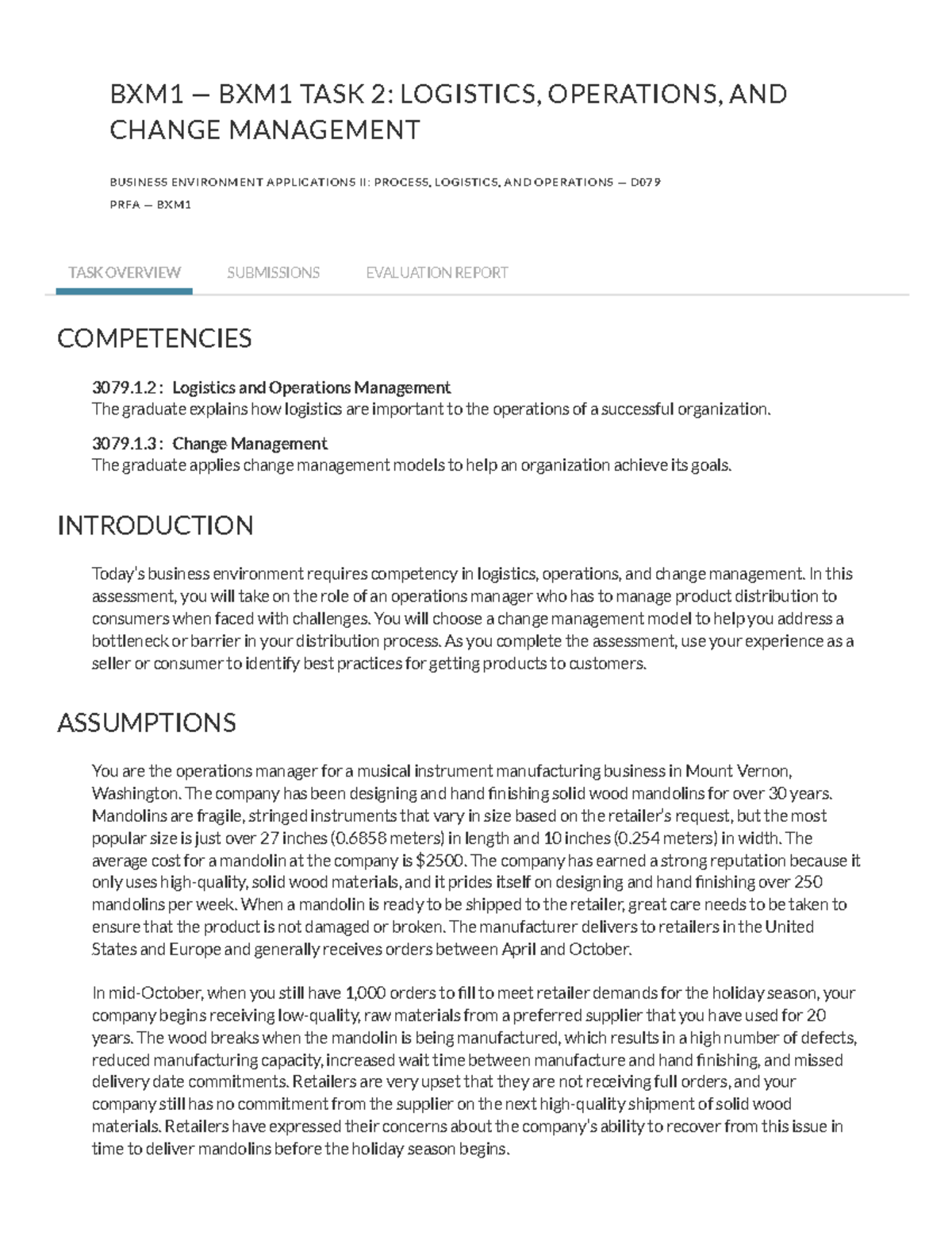 TASK 2 Performance Assessment II - BXM1 — BXM1 TASK 2: LOGISTICS ...