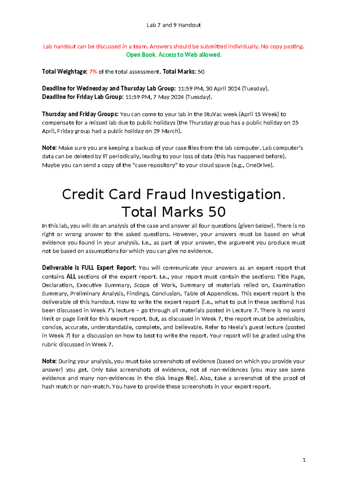 Lab 7 and 8 Handout - Lab 7 and 9 Handout Lab handout can be discussed in a team. Answers should ...