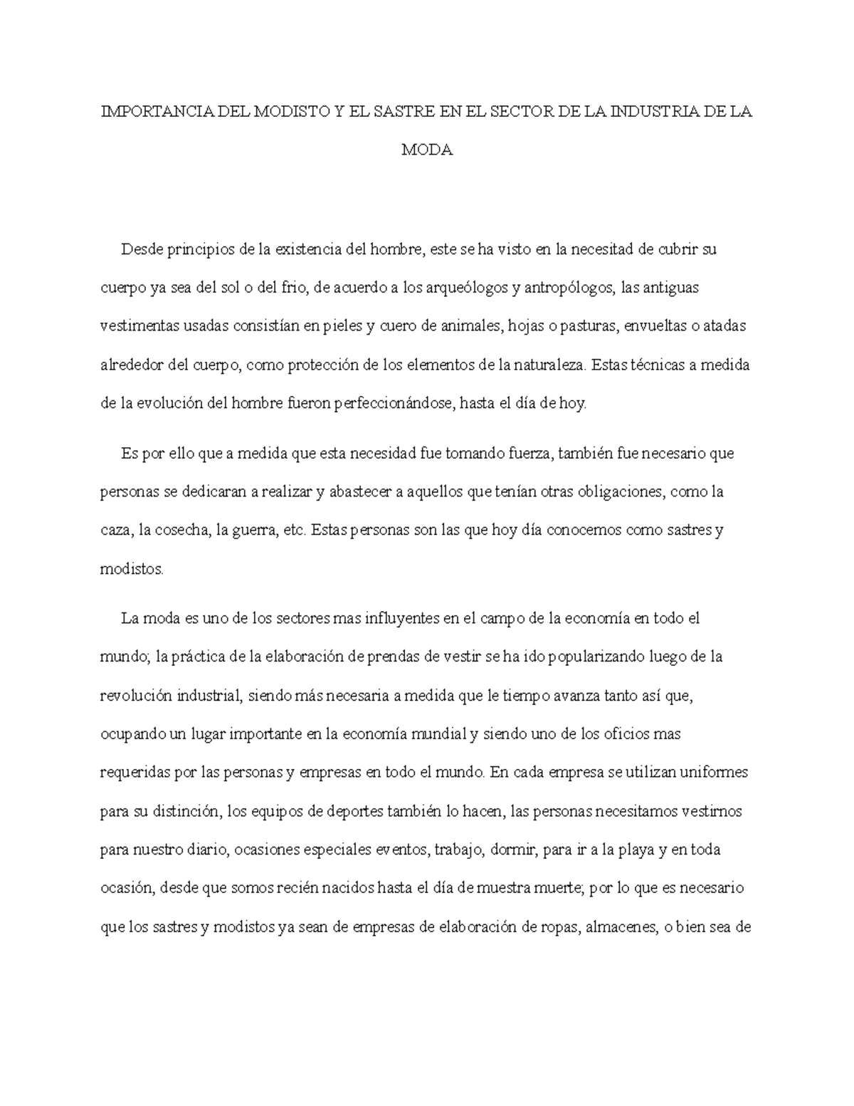 Ensayo argumentativo sobre la importancia del modisto y el sastre en el ...