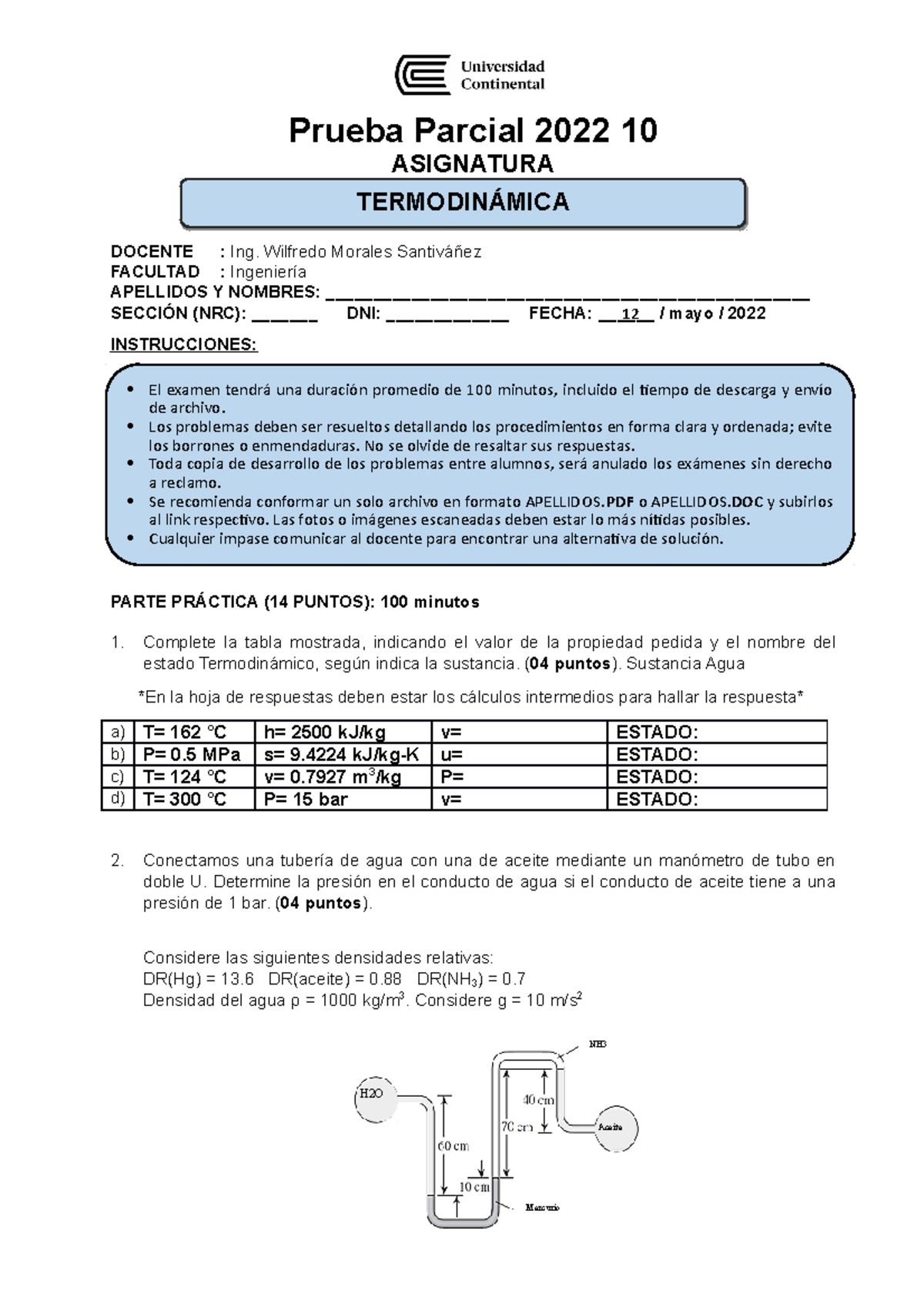 Pablo Prueba Parcial Termodinámica B 202210 NRC 18464 Practica - H2O ...