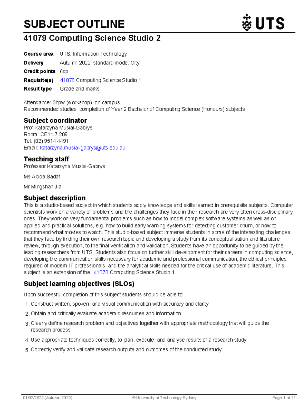 Subject outline css - SUBJECT OUTLINE 41079 Computing Science Studio 2 ...