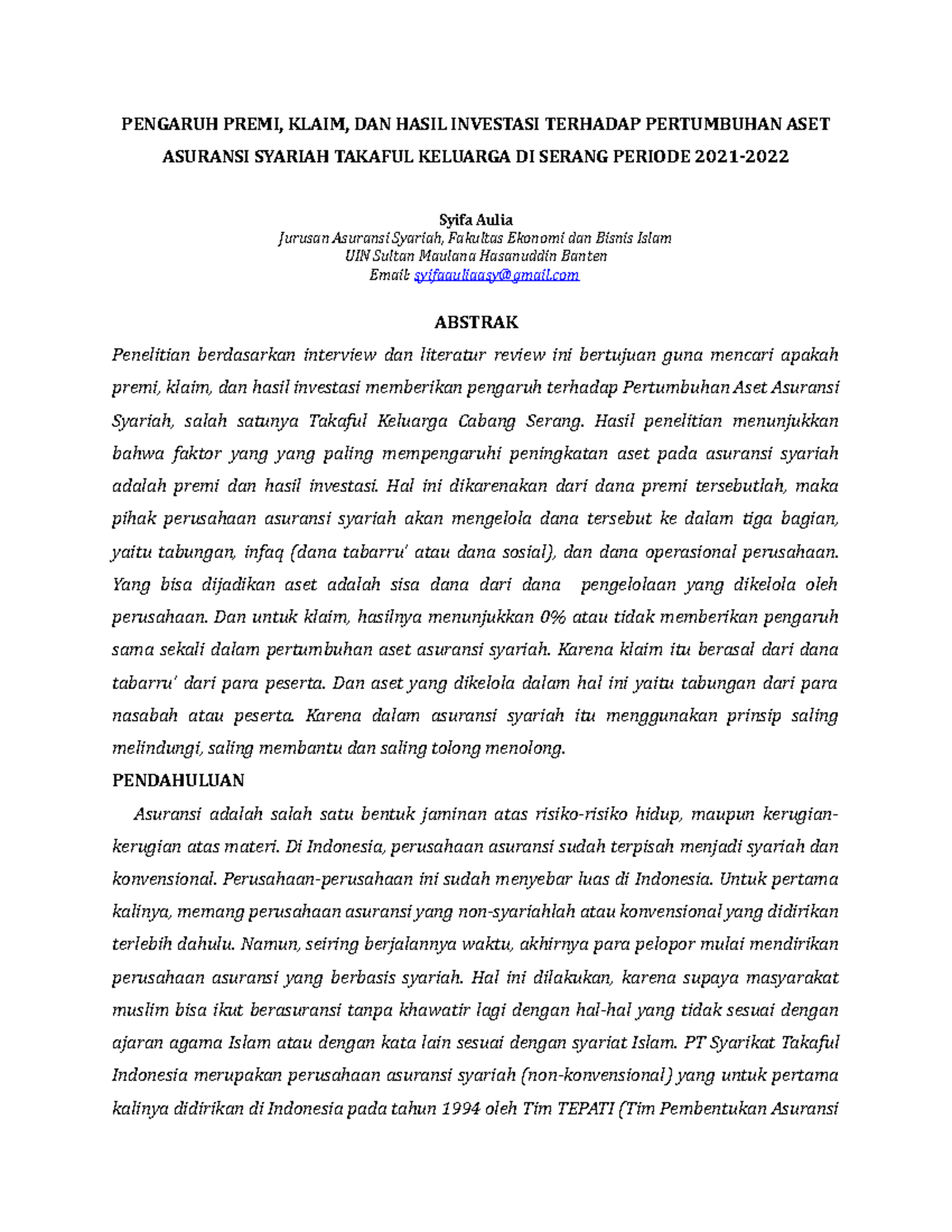 025 Syifa Aulia Jurnalanalisis ASY - PENGARUH PREMI, KLAIM, DAN HASIL ...