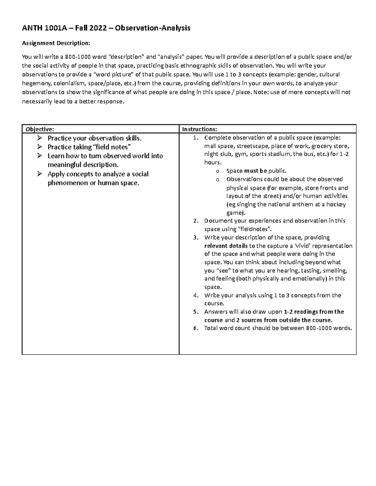 Observation-Analysis Assignment DONE - ANTH 1001A – Fall 2022 – Observation-Analysis Assignment ...