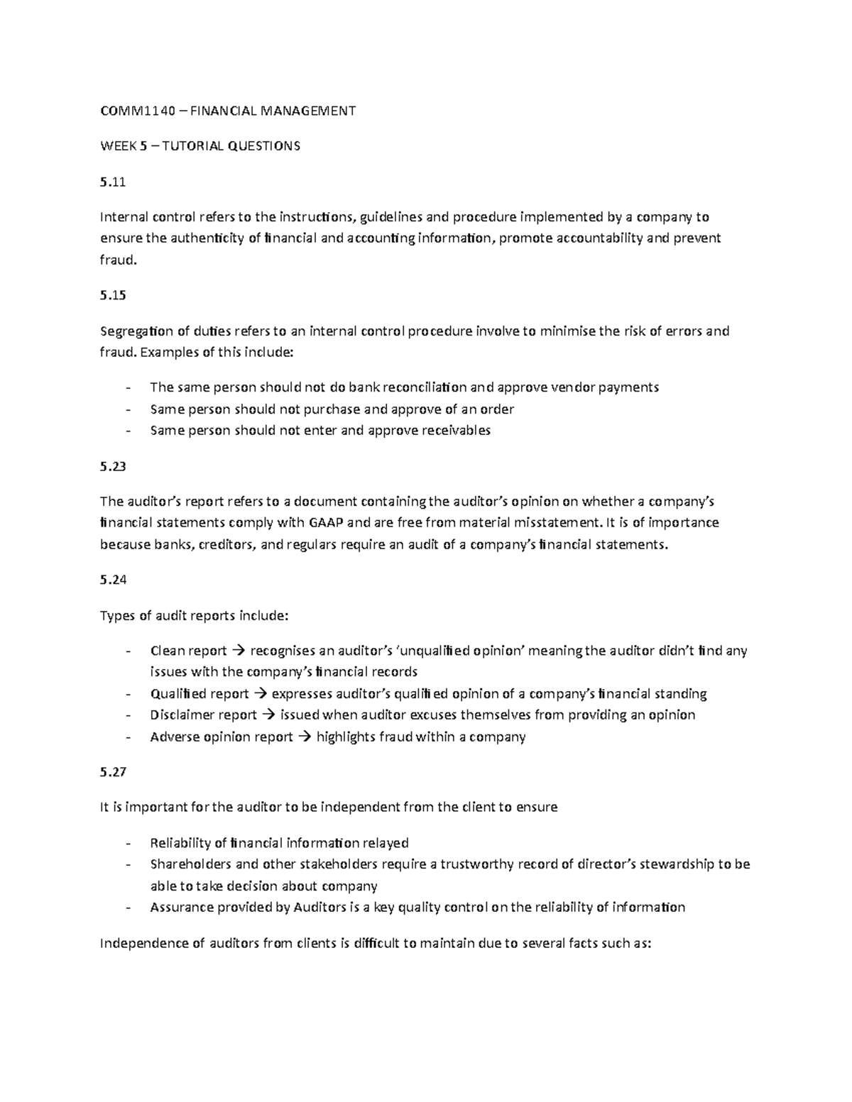 COMM1140 - tutorial questions - COMM1140 – FINANCIAL MANAGEMENT WEEK 5 – TUTORIAL QUESTIONS 5 ...