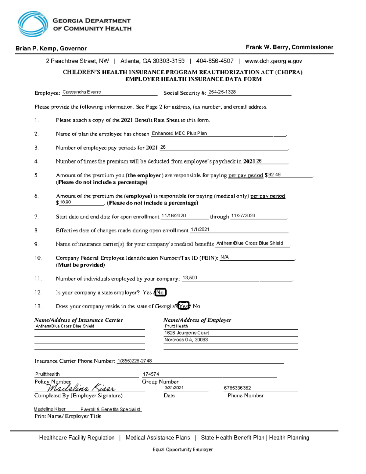 Chipra 2021 Employer Health Insurance DATA FORM PDF - Equal Opportunity ...