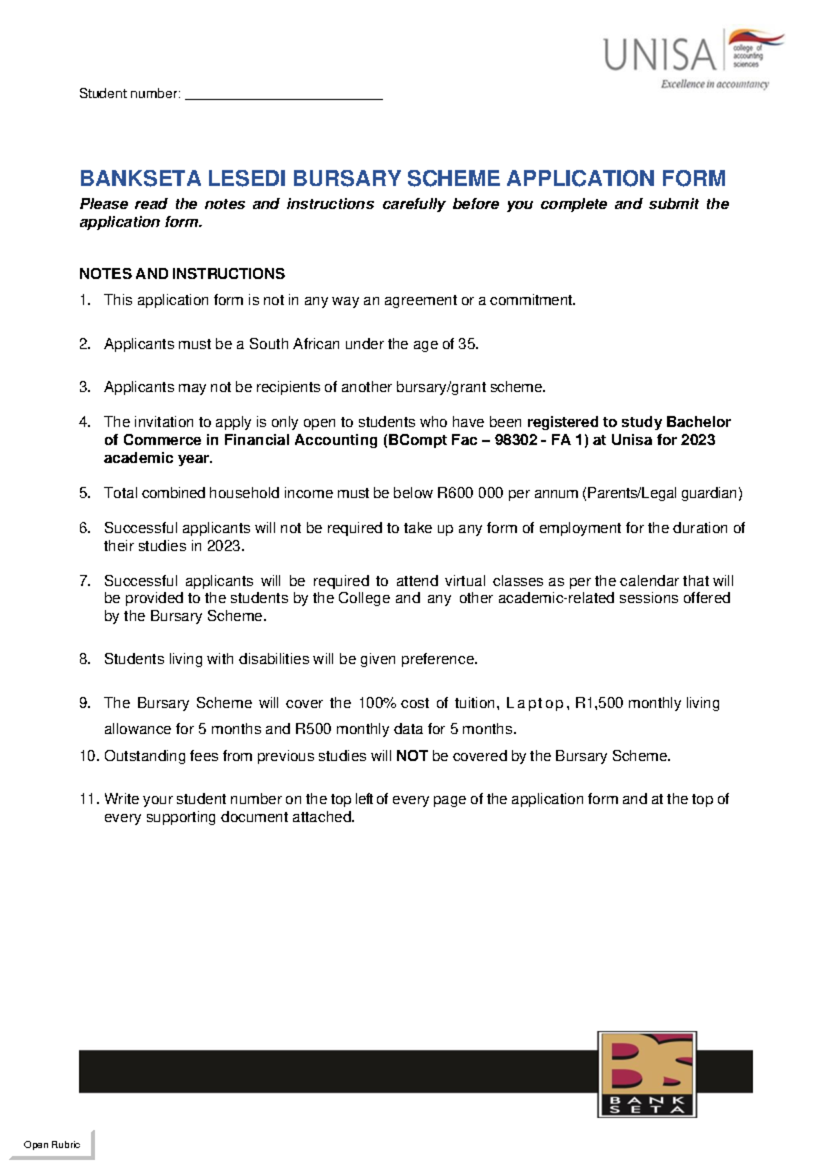 Bankseta Application Form - BANKSETA LESEDI BURSARY SCHEME APPLICATION ...