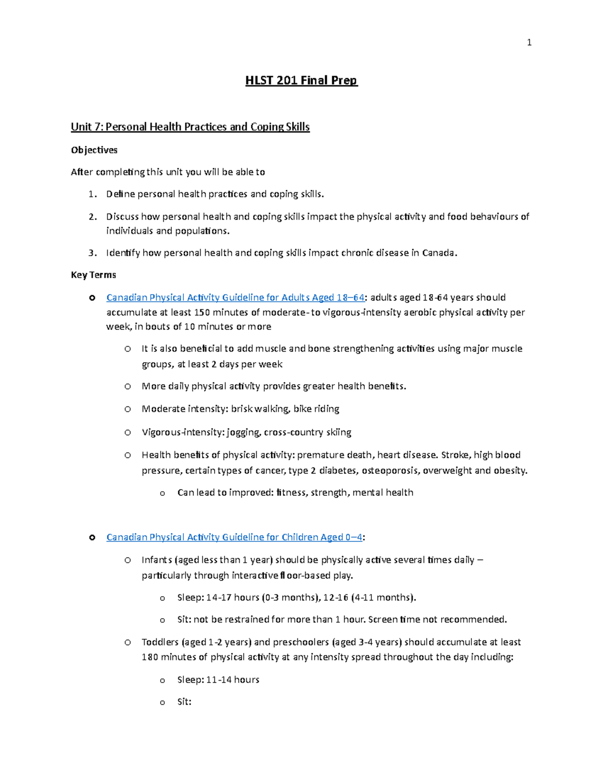 HLST 201 Final Prep - HLST 201 Final Prep Unit 7: Personal Health ...