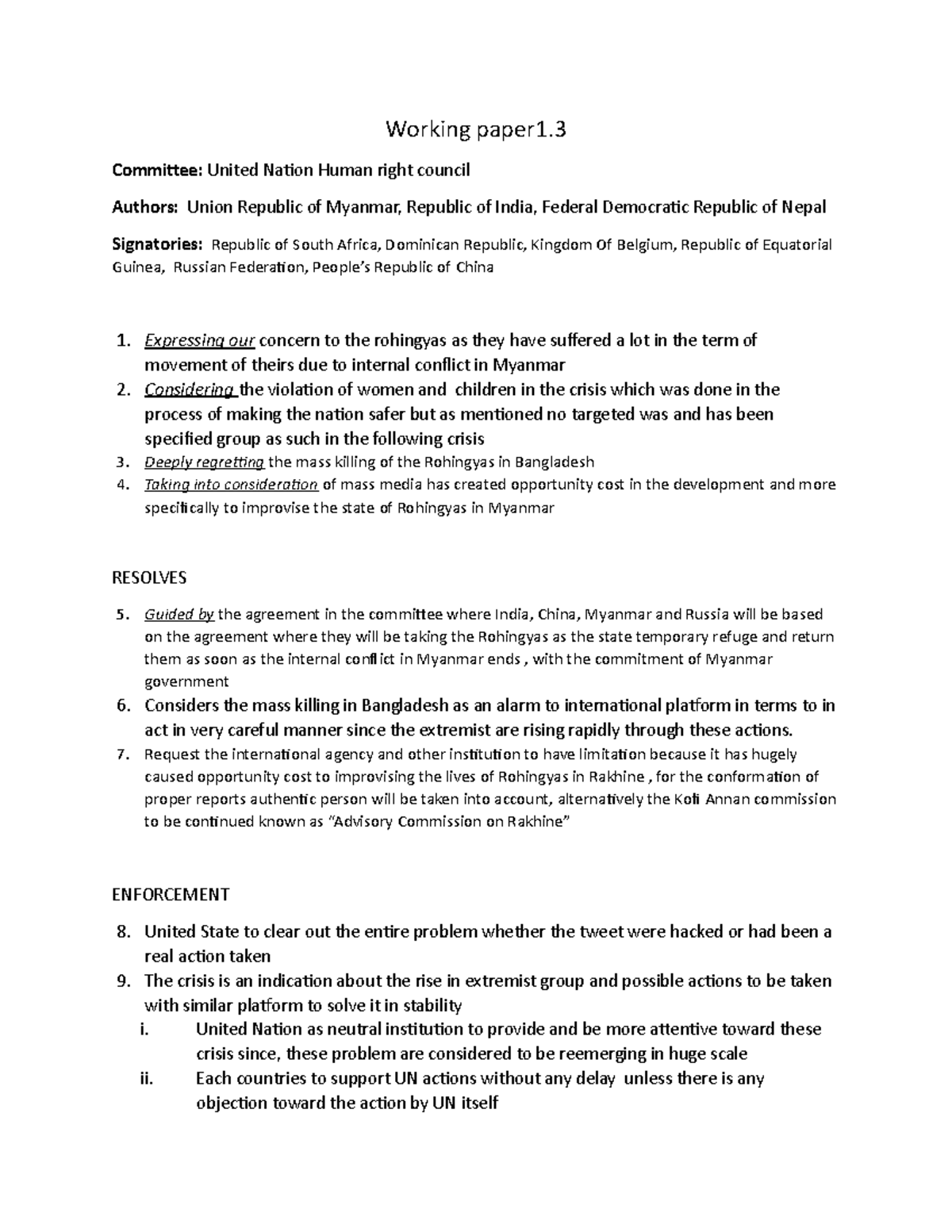 Working paper 2 - Grade: B - Working paper1. Commitee: United Naion ...