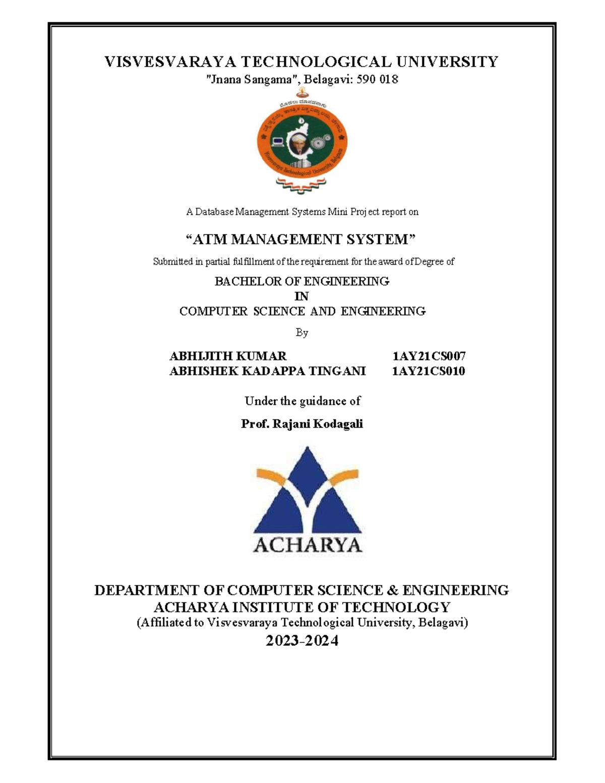 Atm ‌final report - VISVESVARAYA TECHNOLOGICAL UNIVERSITY "Jnana ...