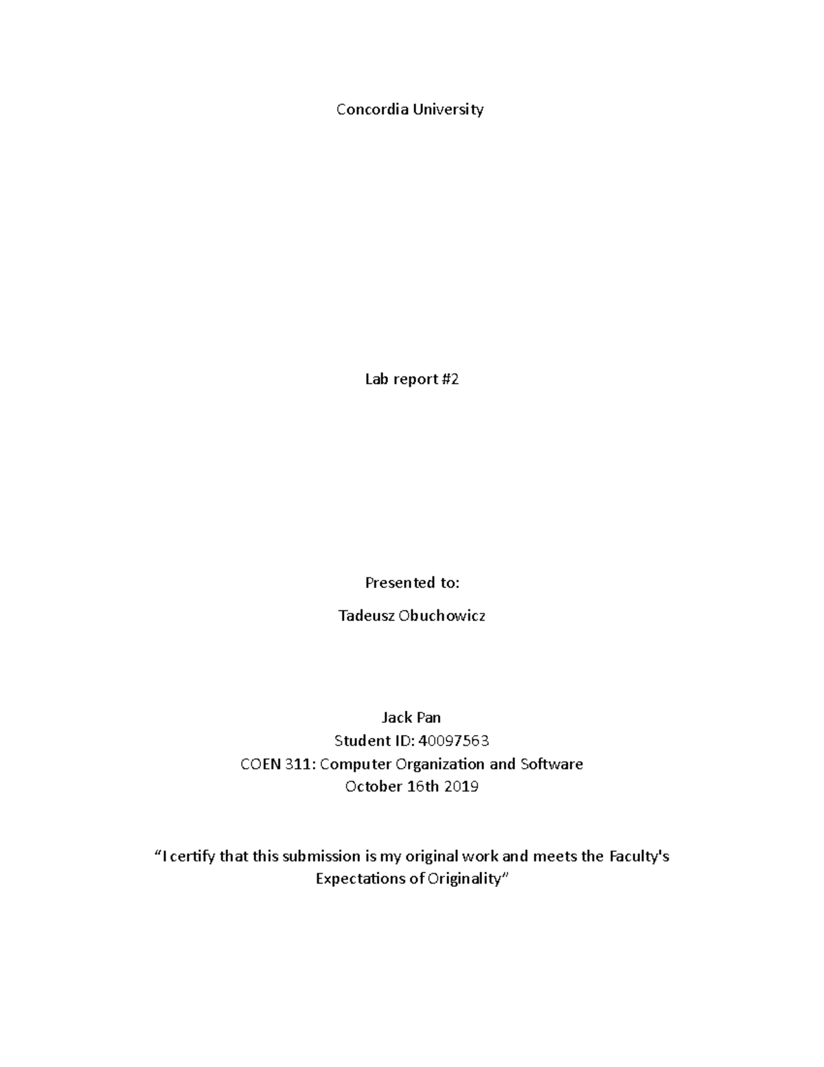 Coen311 lab 2 - lab 2 - Concordia University Lab report # Presented to ...