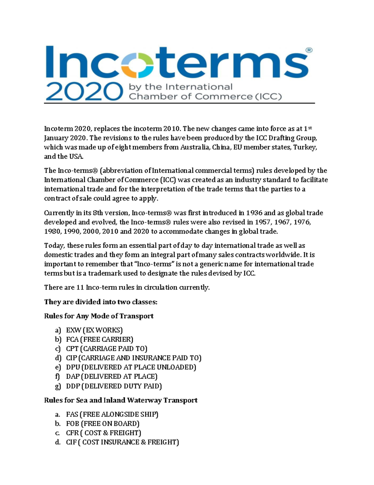 ICC- Incoterms-2020 - Incoterm 2020, replaces the incoterm 2010. The ...