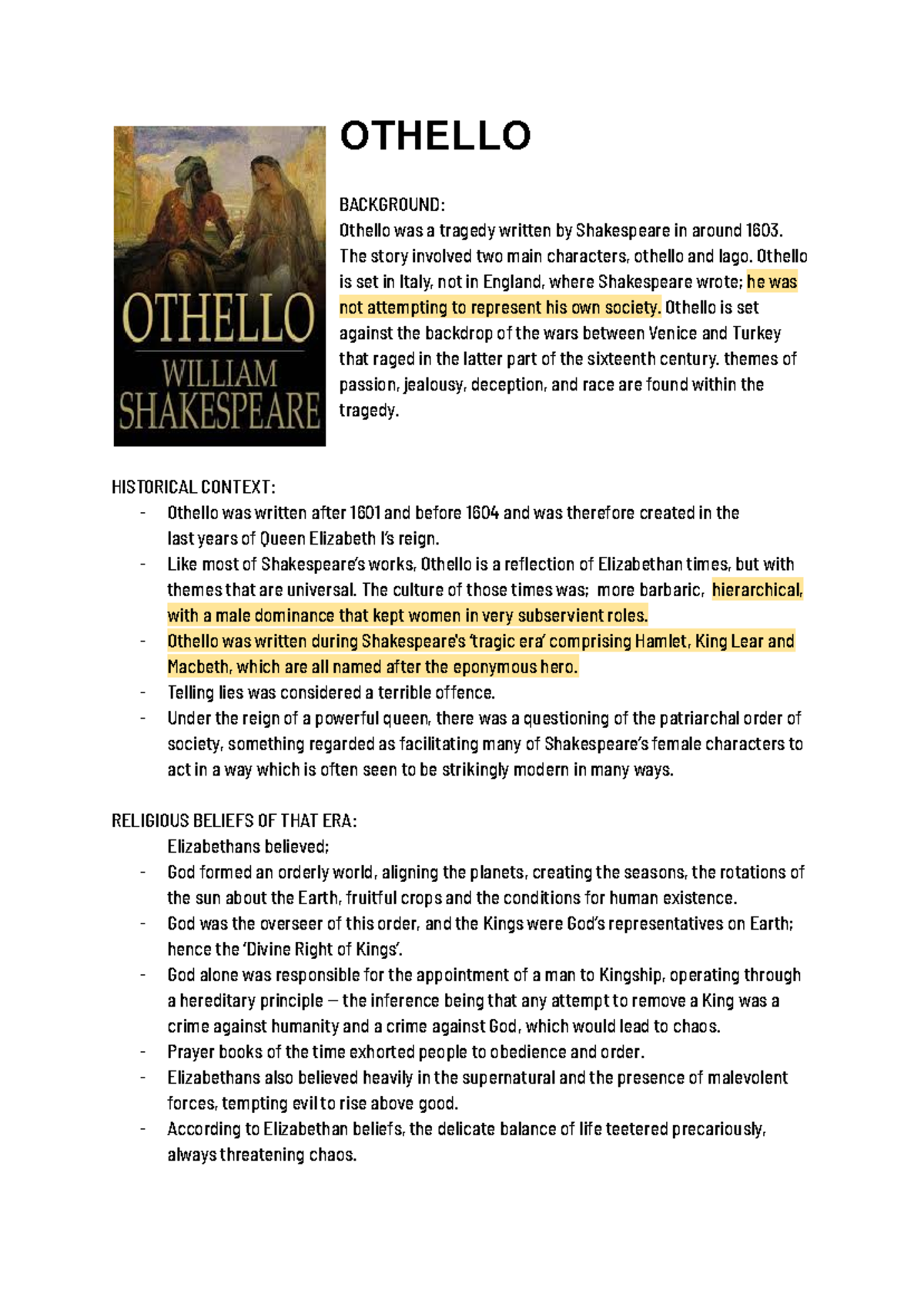 Othello PDF, full play - OTHELLO BACKGROUND: Othello was a tragedy written by Shakespeare in ...