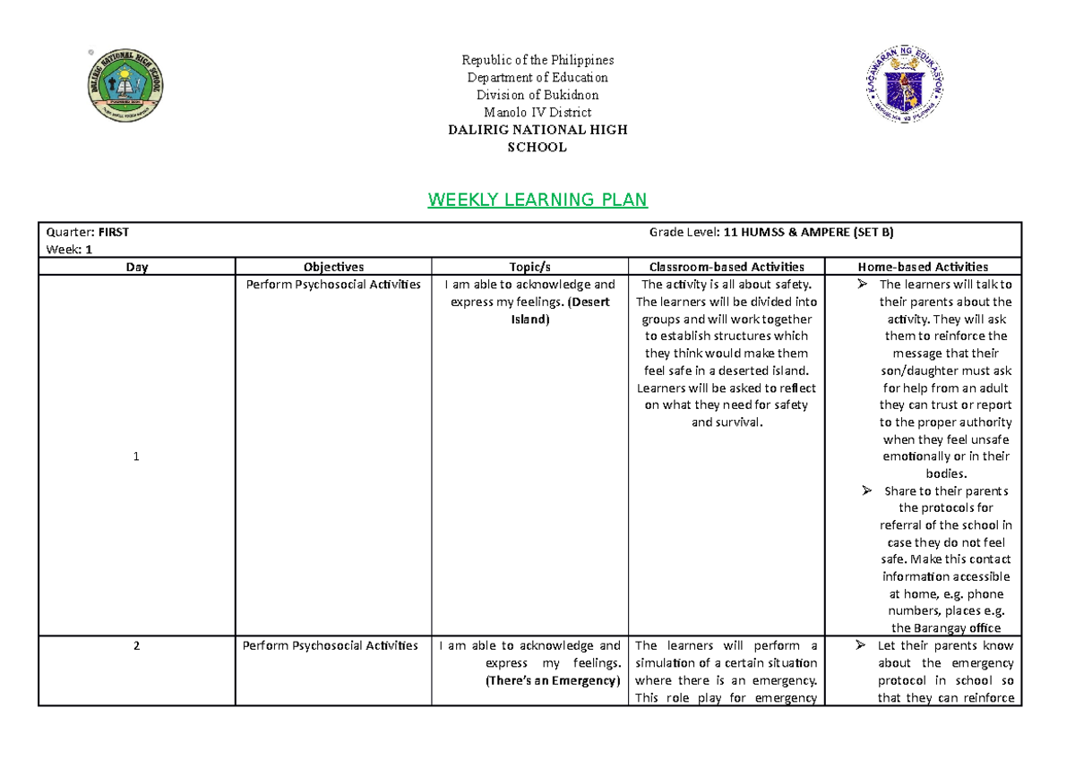 Weekly Learning PLAN g11 - WEEKLY LEARNING PLAN Quarter: FIRST Grade ...