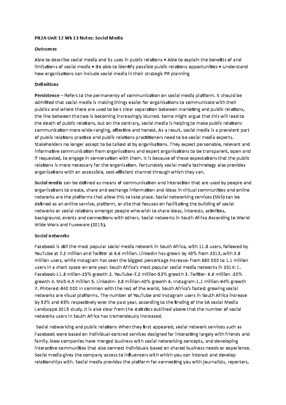 PR2A Week13 Chapter 12 Notes - PR2A Unit 12 Wk 13 Notes: Social Media ...