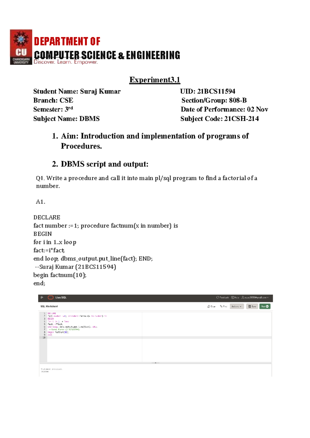Suraj 31 Dbms Dbms Worksheet Department Of Computer Science And Engineering Experiment3